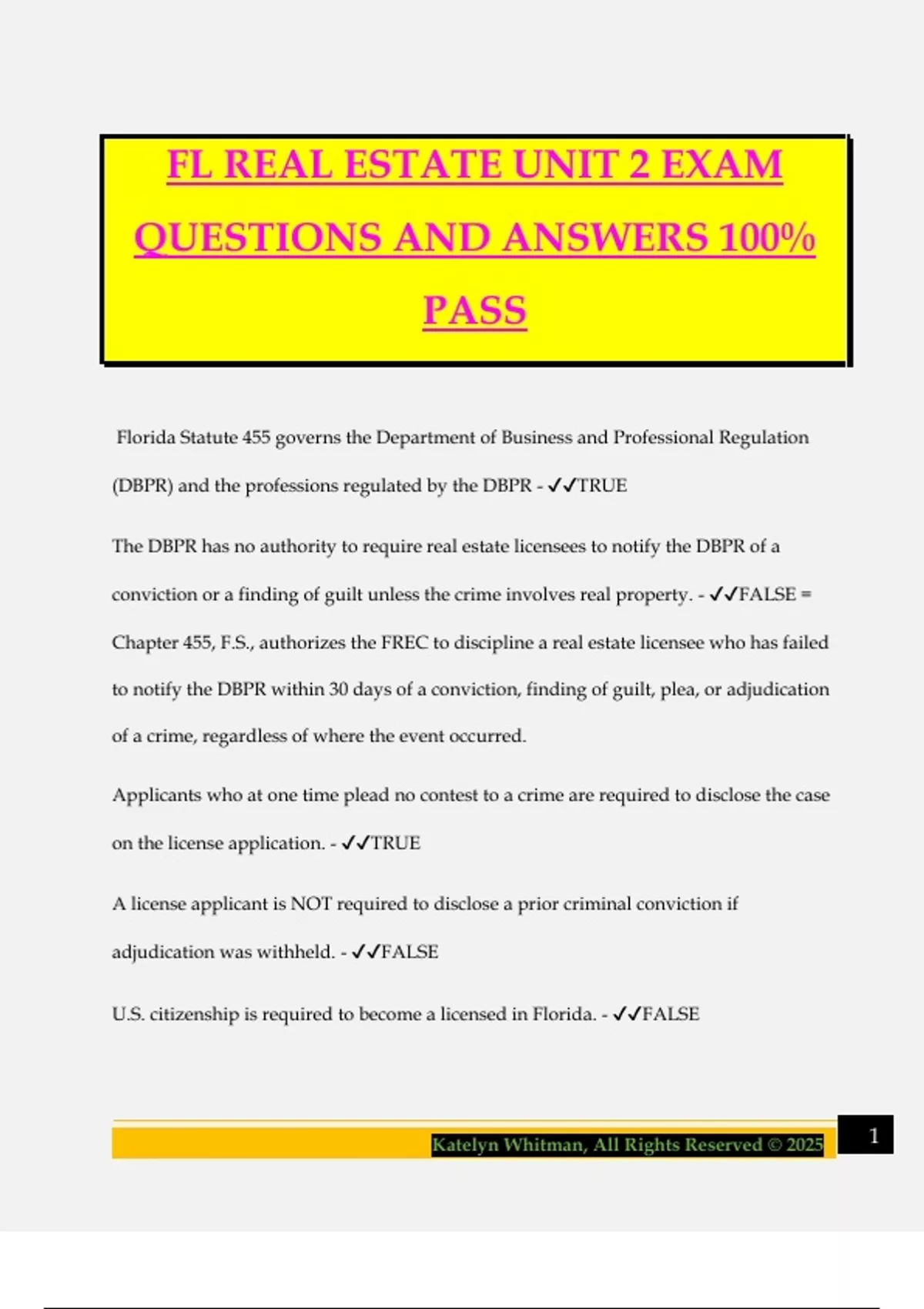 FL REAL ESTATE UNIT 2 EXAM QUESTIONS AND ANSWERS 100% PASS - FL REAL ...