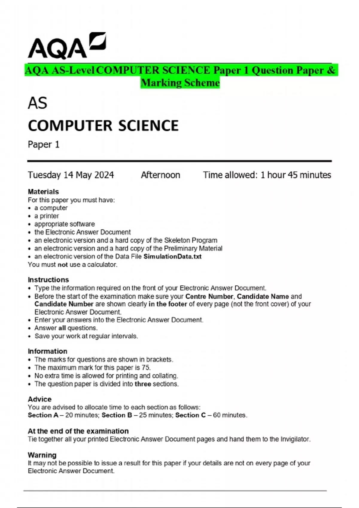 2024 AQA AS-Level COMPUTER SCIENCE Paper 1 Question Paper & Marking ...