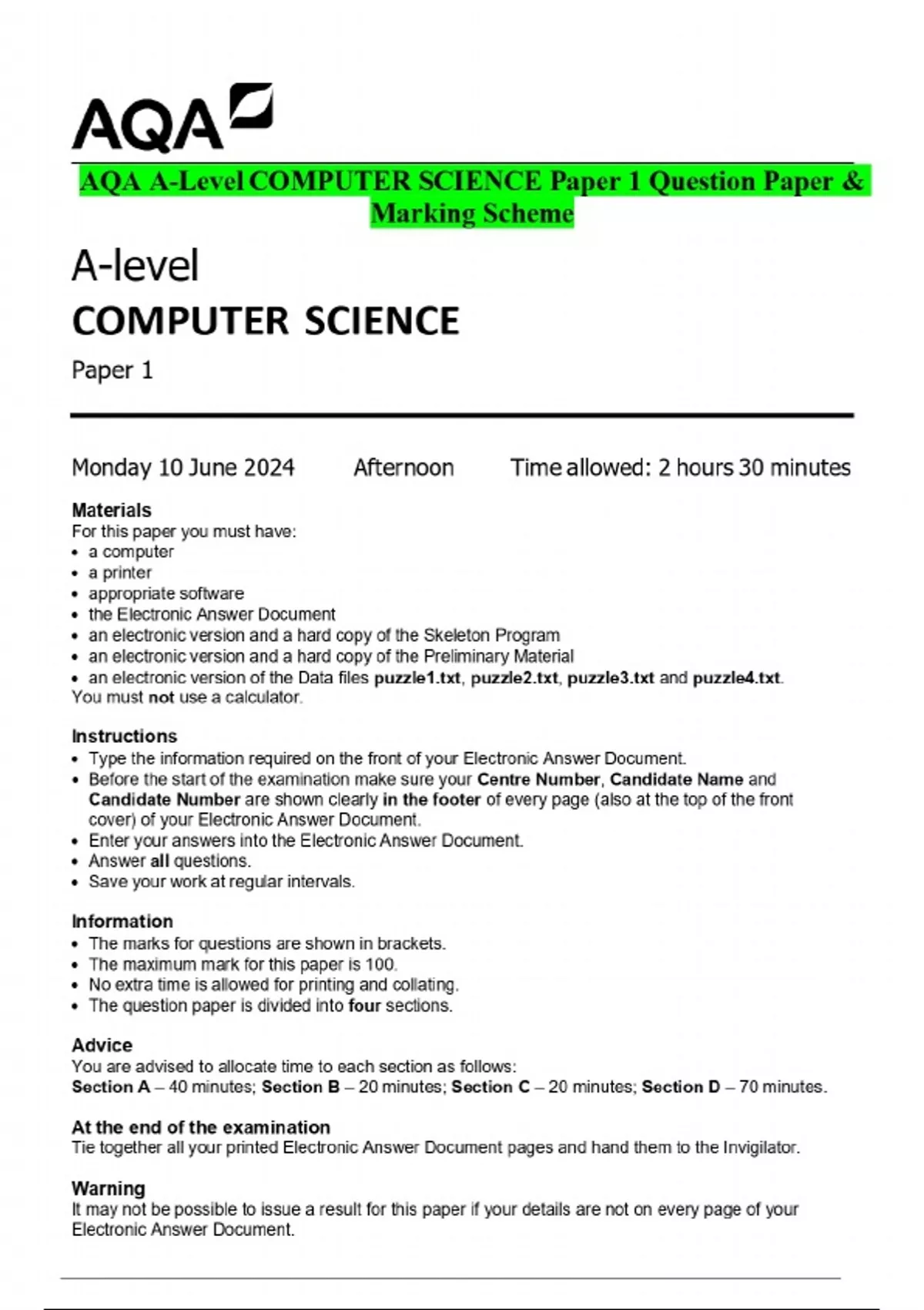 2024 AQA A-Level COMPUTER SCIENCE Paper 1 Question Paper & Marking Scheme - AQA AS Level/ AQA A ...