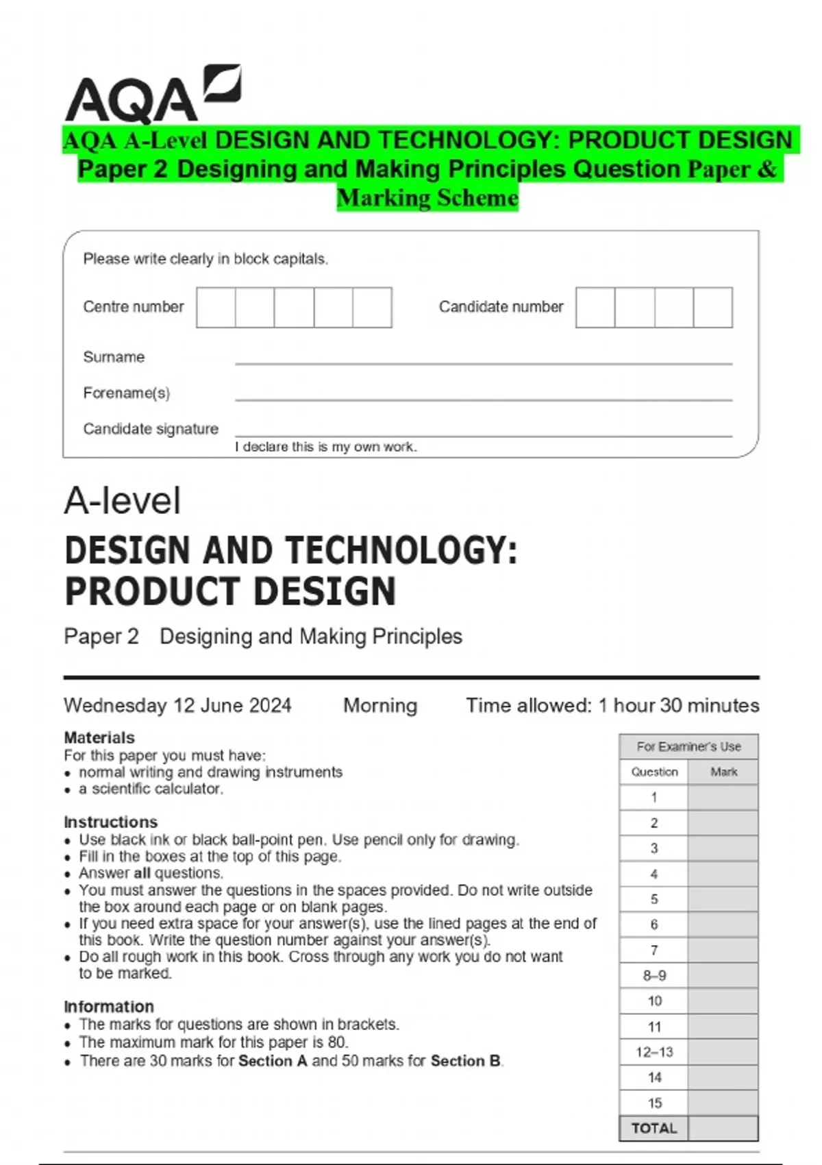 2024 AQA A-Level DESIGN AND TECHNOLOGY: PRODUCT DESIGN Paper 2 ...