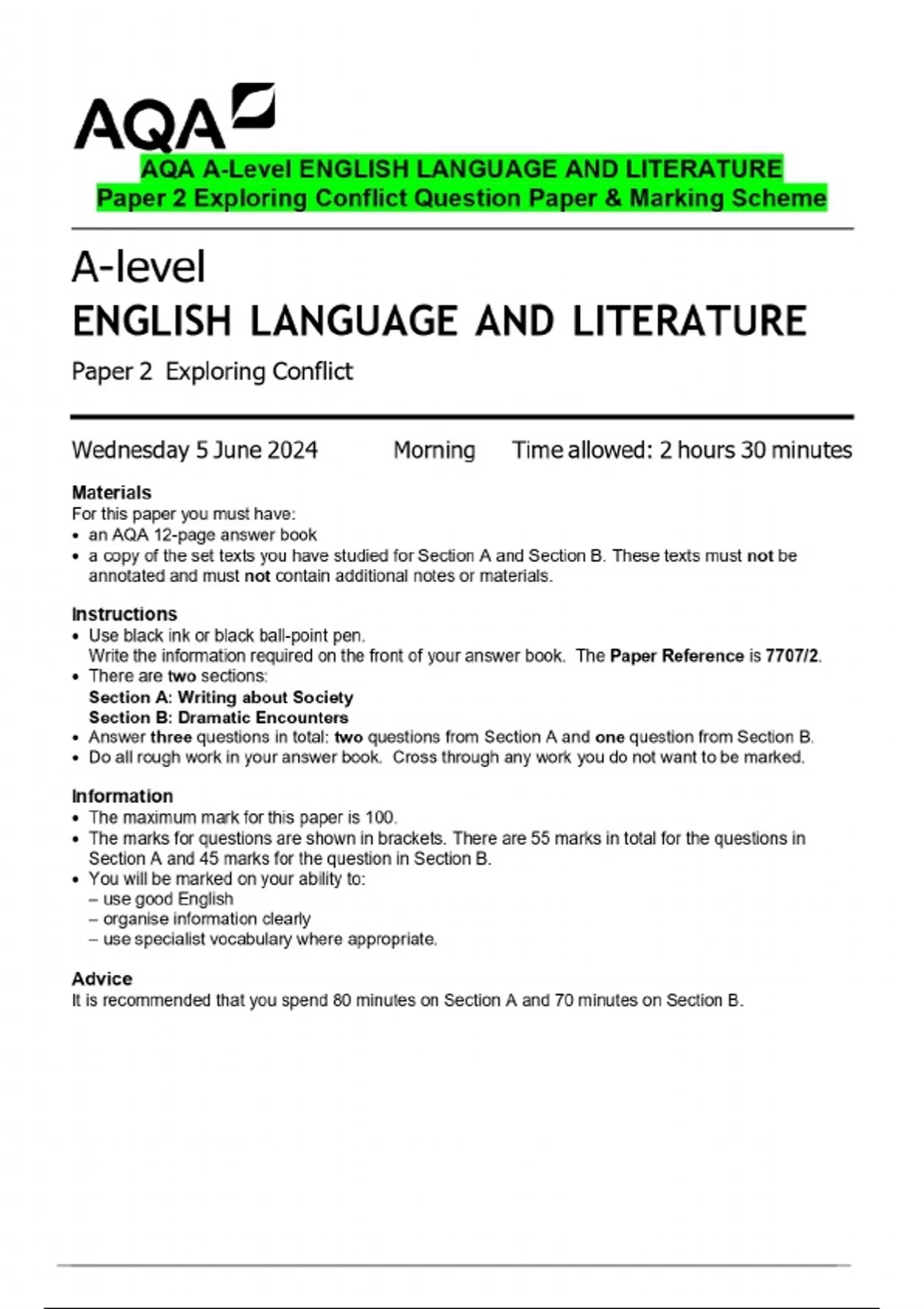 2024 AQA A-Level ENGLISH LANGUAGE AND LITERATURE Paper 2 Exploring ...