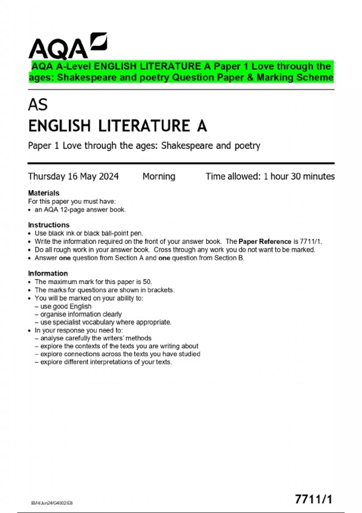2024 AQA A-Level ENGLISH LITERATURE A Paper 1 Love through the ages: Shakespeare and poetry ...