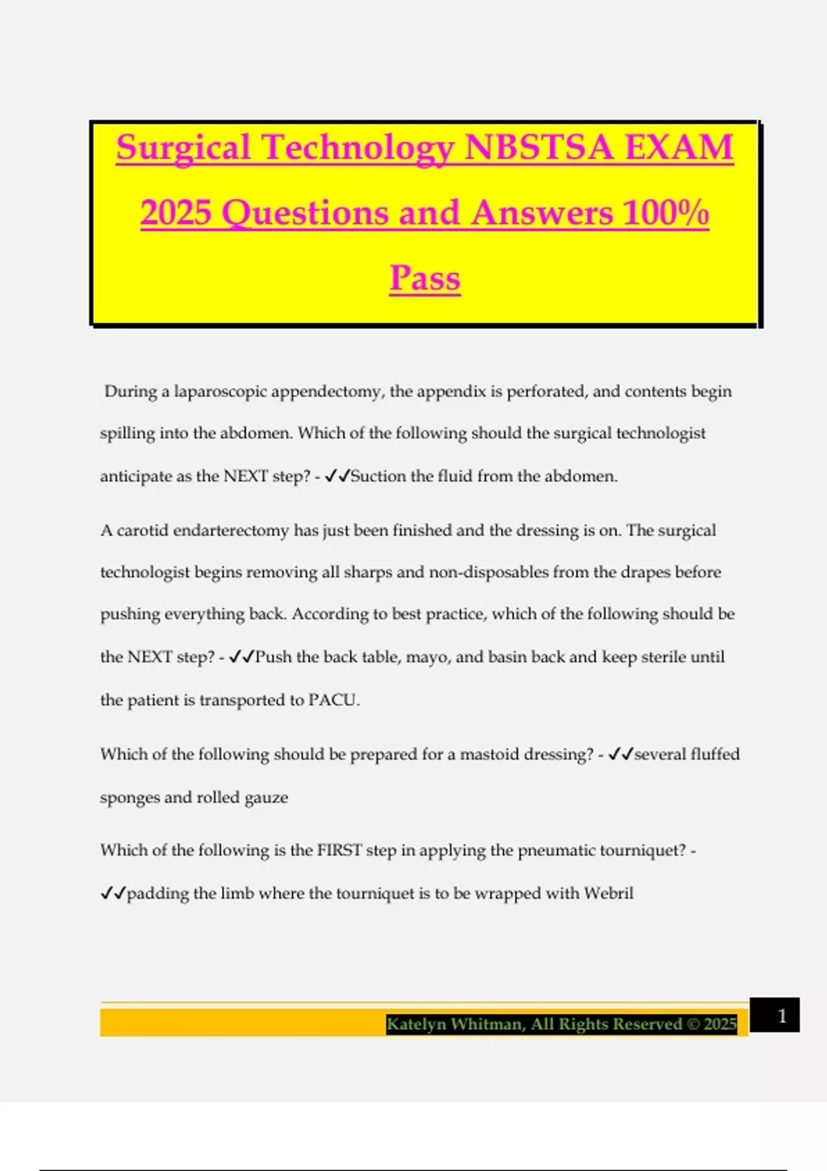 Surgical Technology NBSTSA EXAM 2025 Questions and Answers 100% Pass ...
