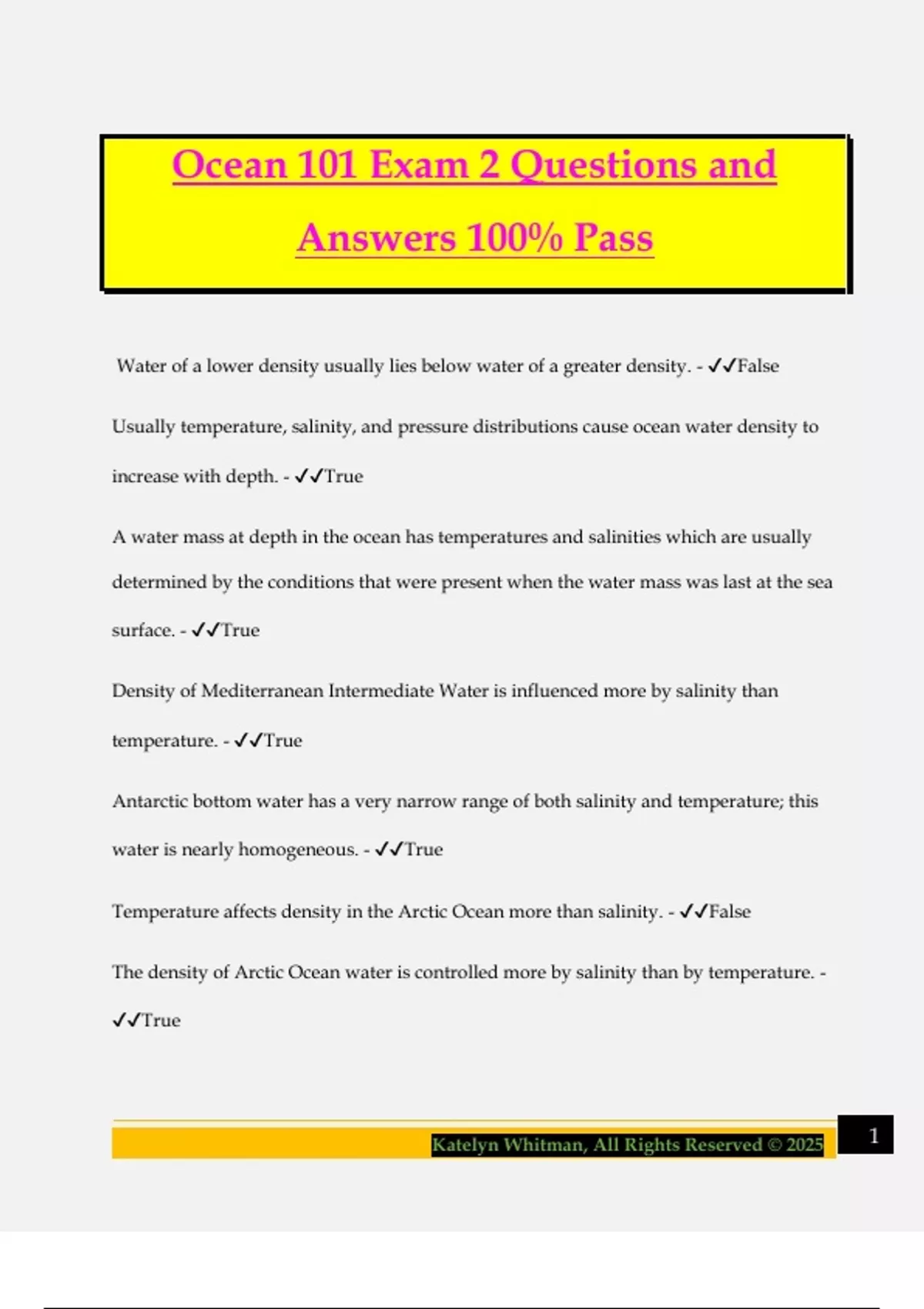 Ocean 101 Exam 2 Questions and Answers 100% Pass - Oceanography 100 ...
