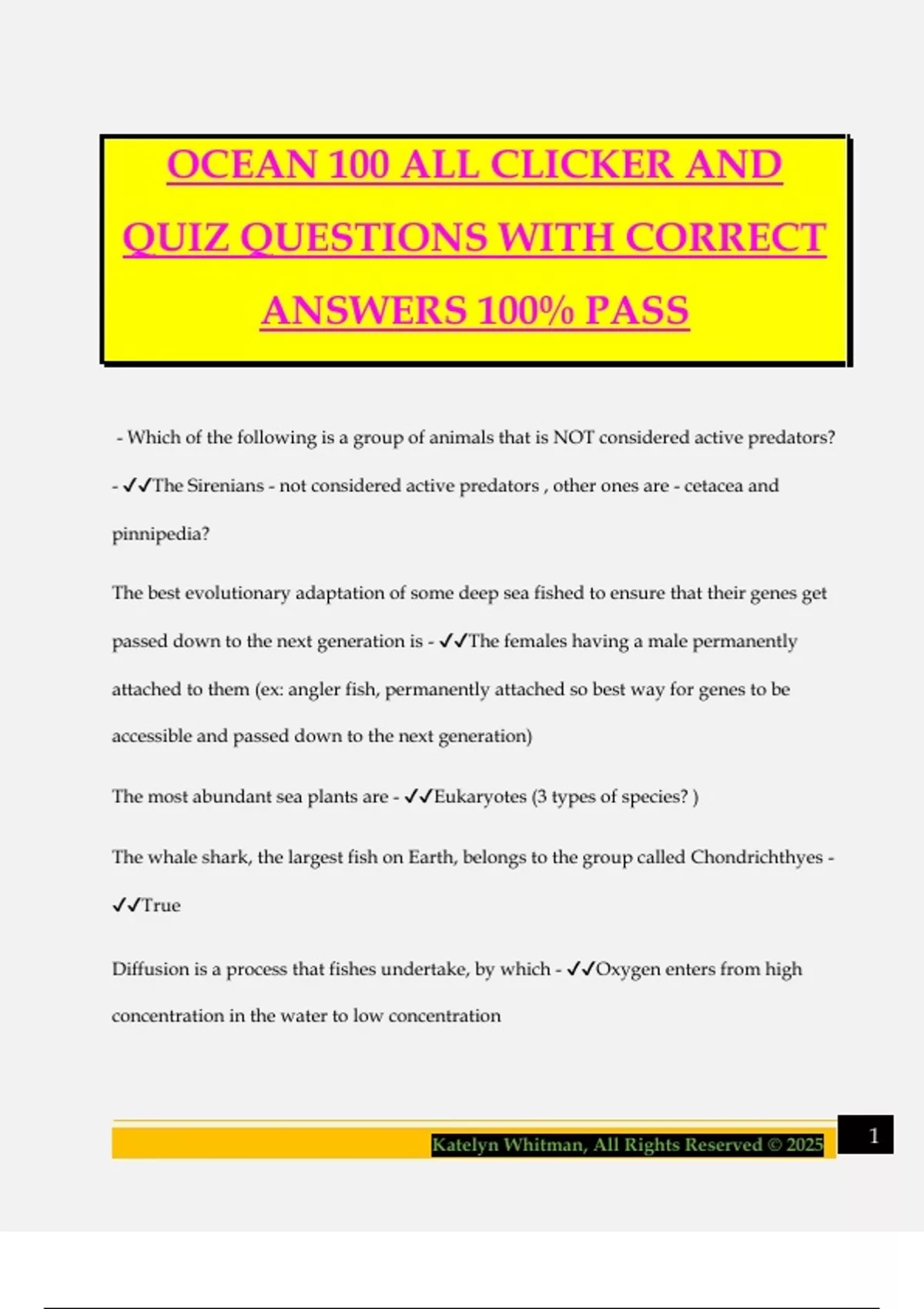 OCEAN 100 ALL CLICKER AND QUIZ QUESTIONS WITH CORRECT ANSWERS 100% PASS ...
