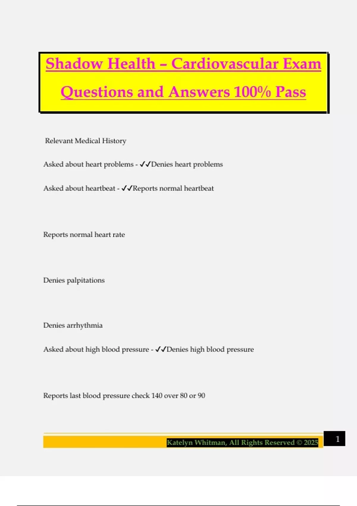 Shadow Health – Cardiovascular Exam Questions and Answers 100% Pass ...