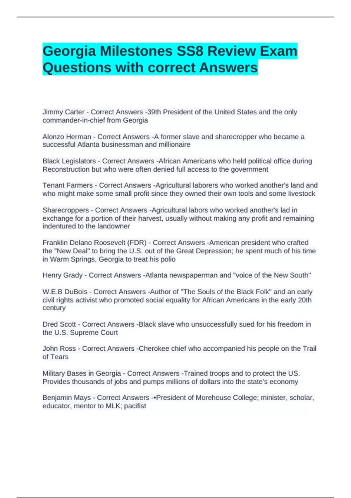 Georgia Milestones SS8 Review Exam Questions with correct Answers - GA ...