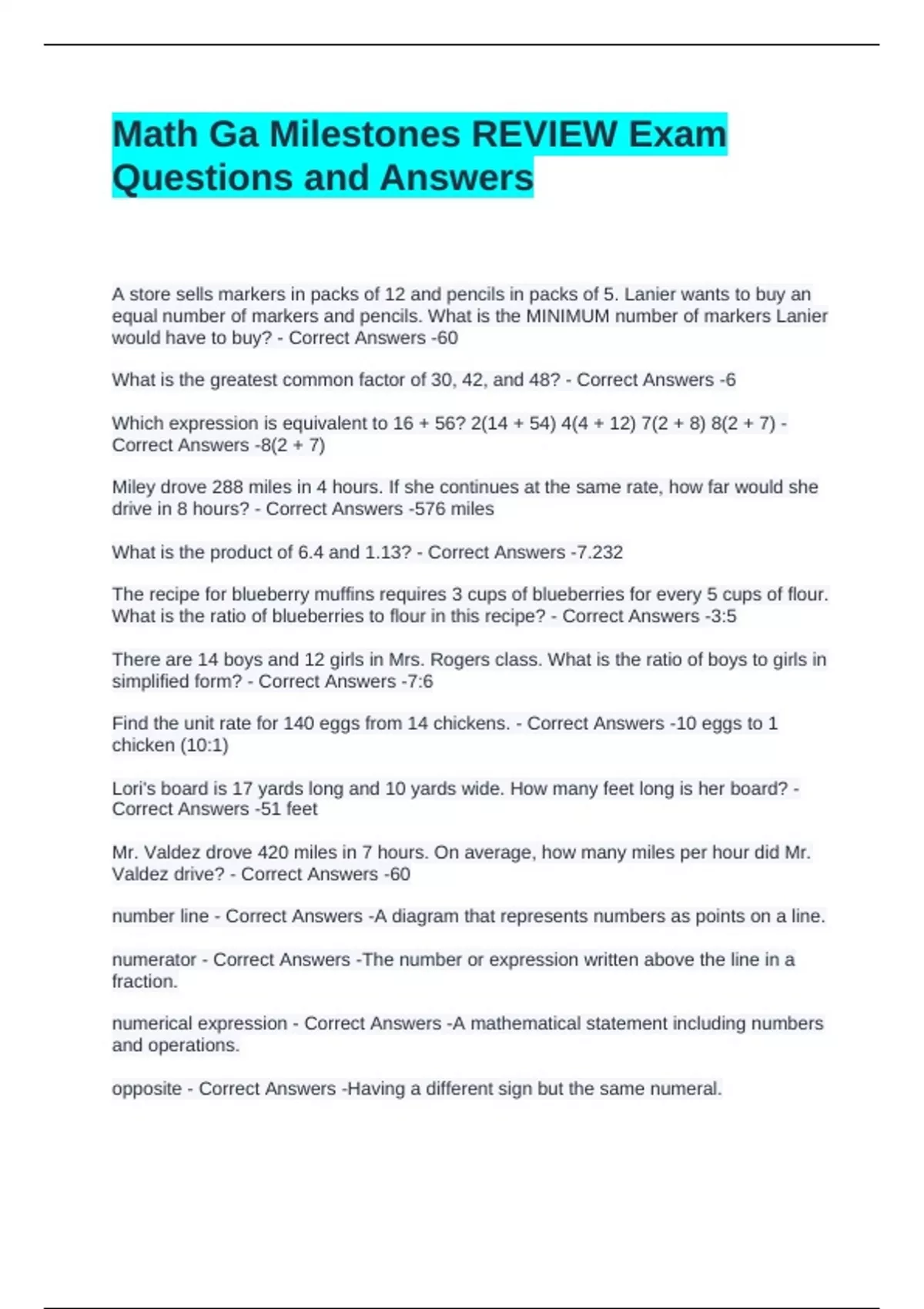 Math Ga Milestones REVIEW Exam Questions and Answers - GA Milestones ...