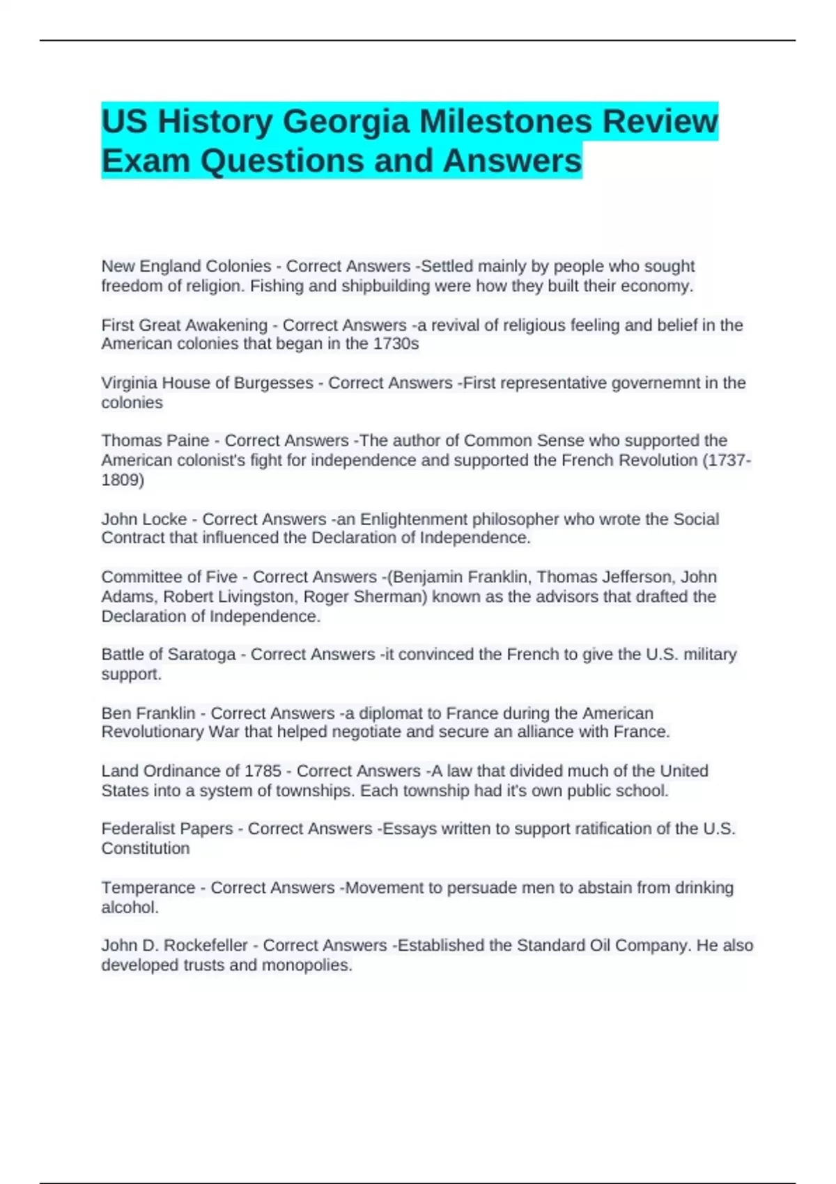 US History Georgia Milestones Review Exam Questions and Answers - GA ...