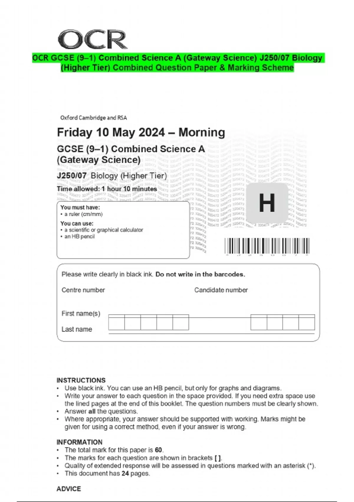 2024 Ocr Gcse 9 1 Combined Science A Gateway Science J250 07 Biology Higher Tier Combined