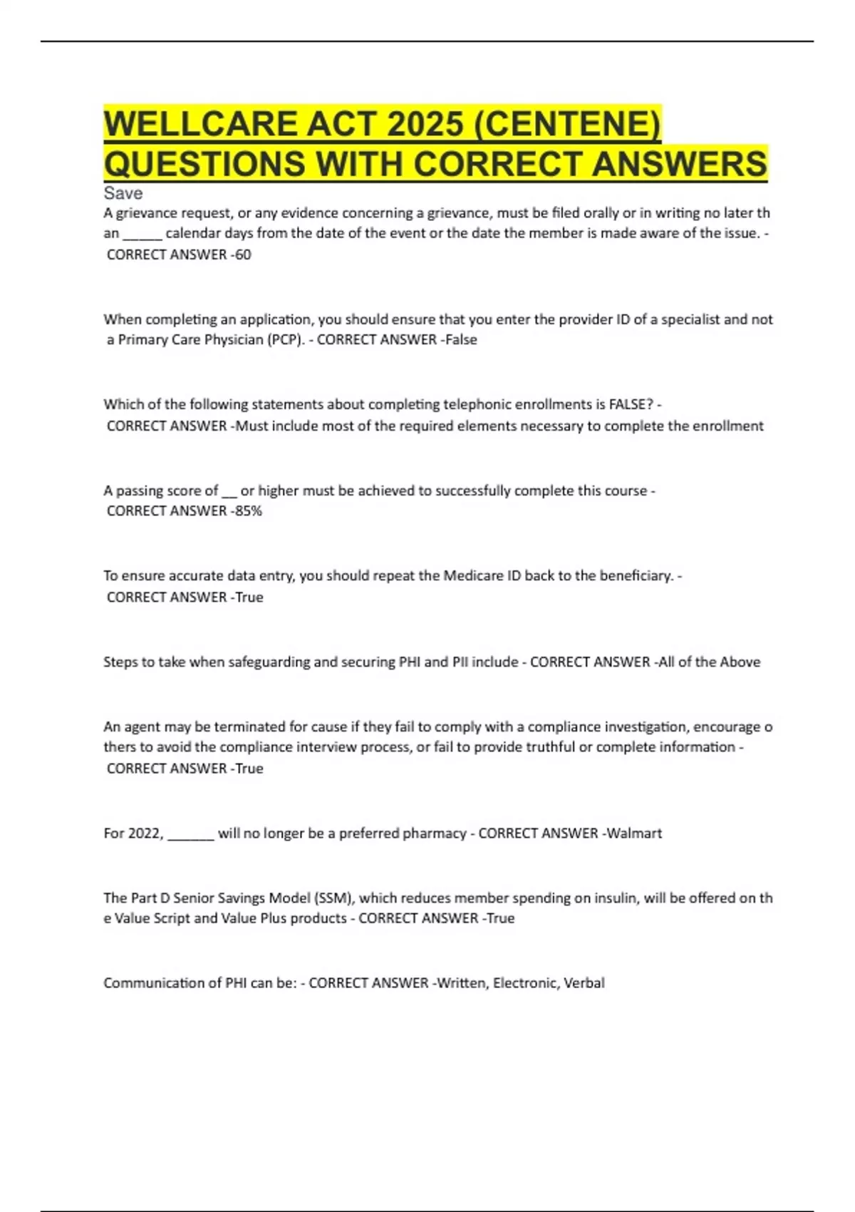 WELLCARE ACT 2025 (CENTENE) QUESTIONS WITH CORRECT ANSWERS - 2025 ...