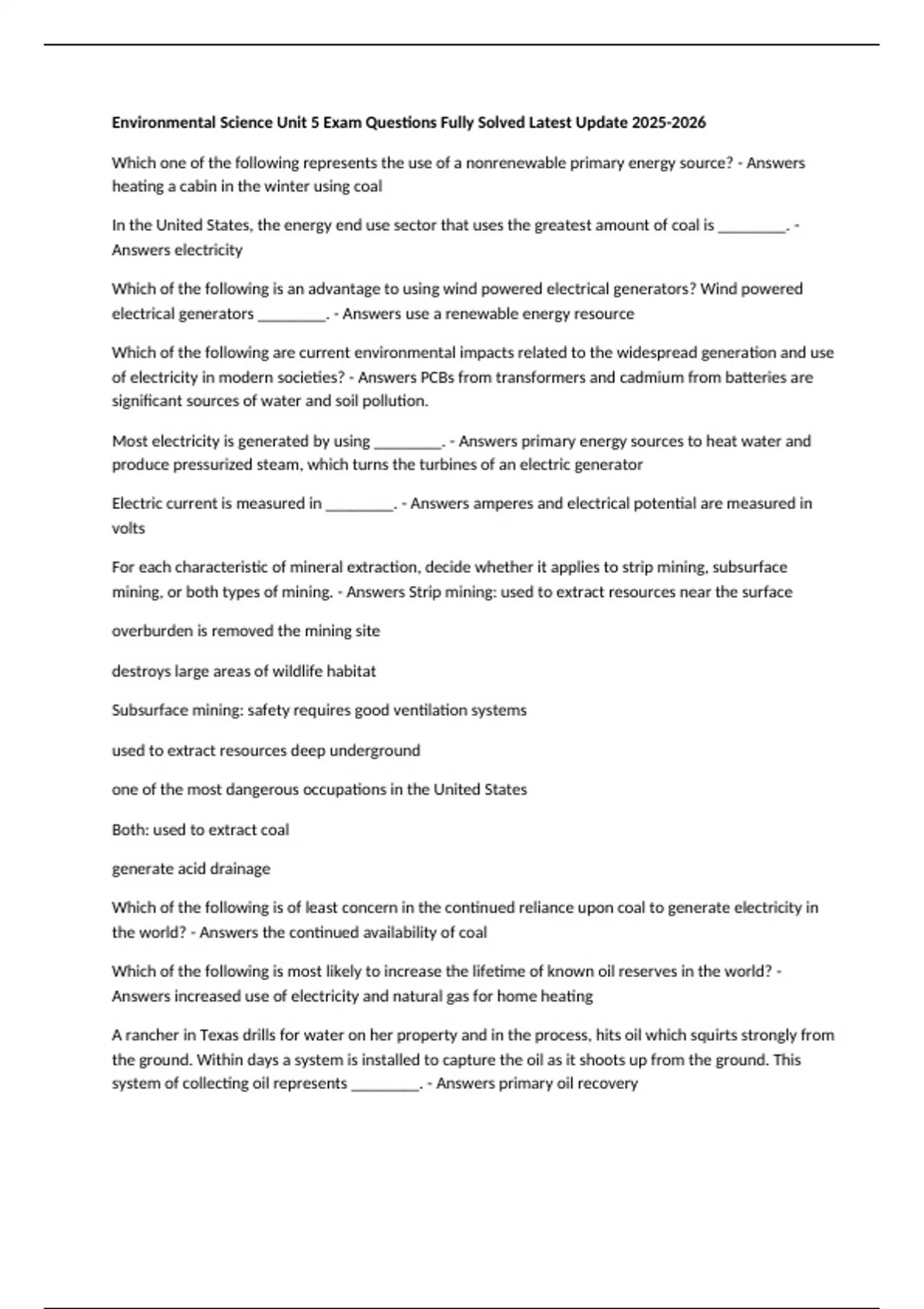 Environmental Science Unit 5 Exam Questions Fully Solved Latest Update ...