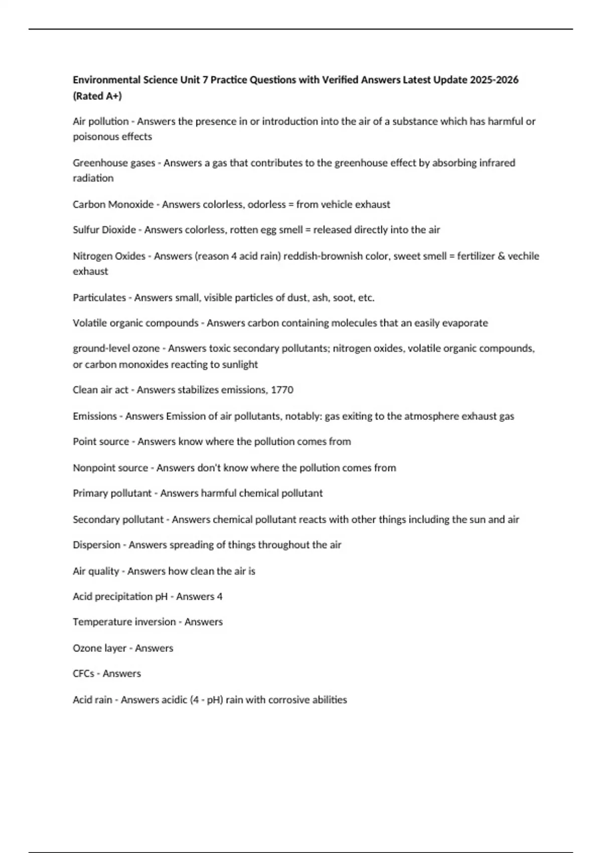 Environmental Science Unit 7 Practice Questions with Verified Answers ...