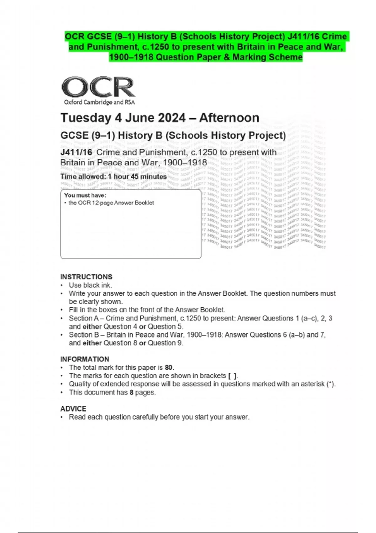 2024 OCR GCSE (9–1) History B (Schools History Project) J411/16 Crime and Punishment, c.1250 to ...