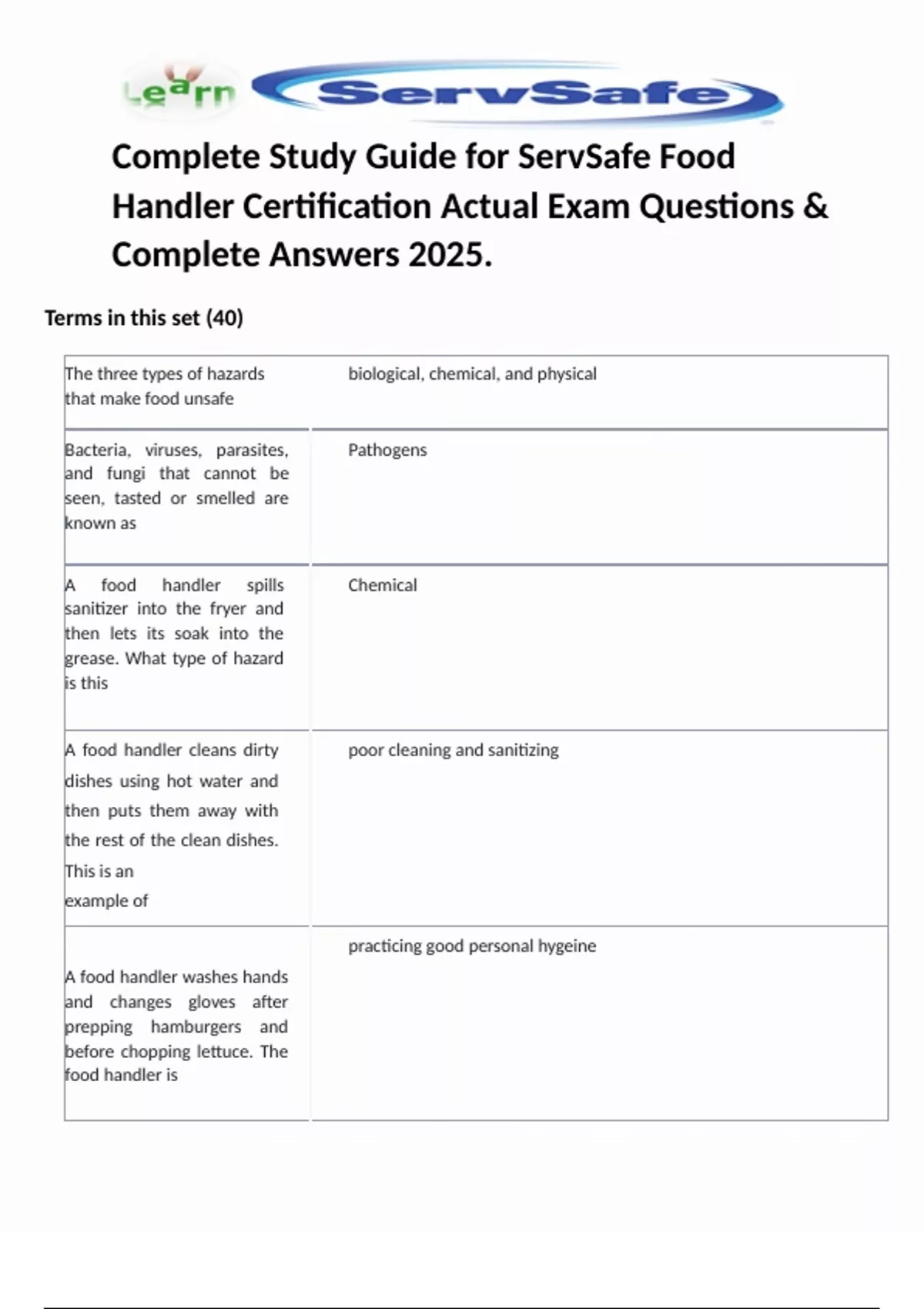 Complete Study Guide for ServSafe Food Handler Certification Actual ...