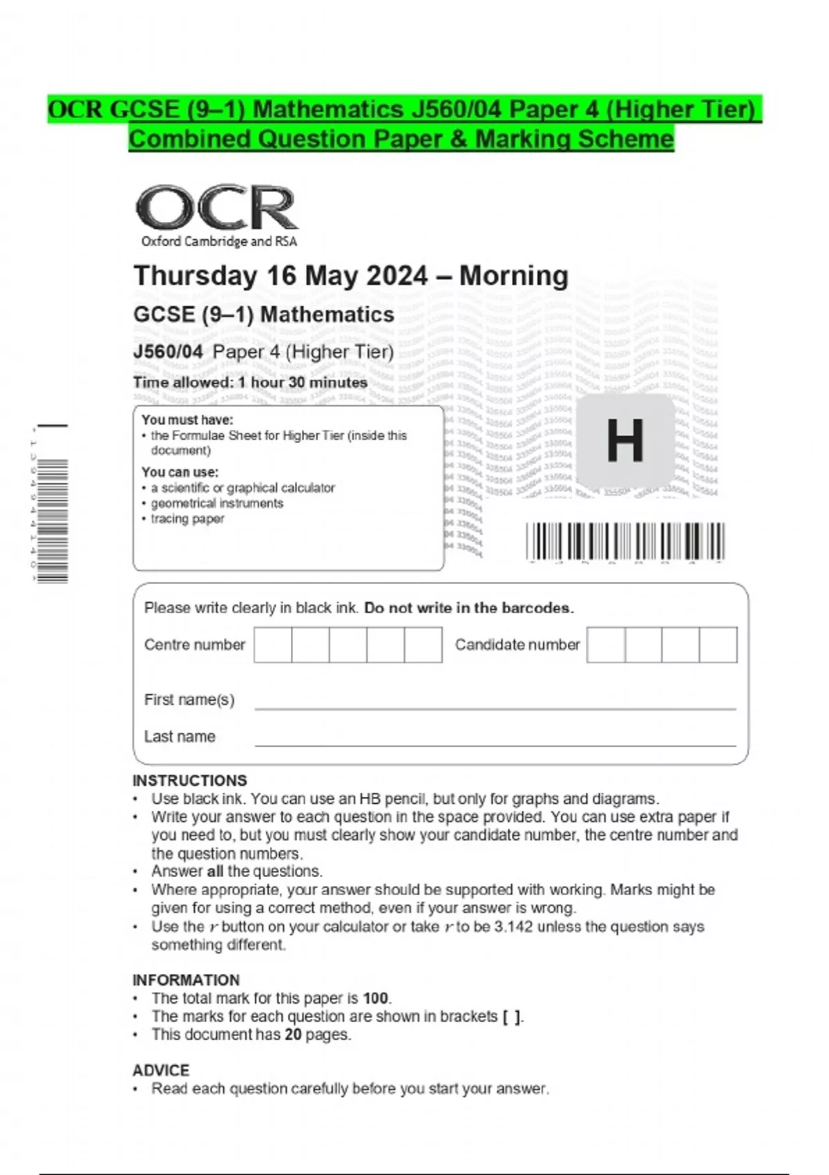 2024 OCR GCSE (9–1) Mathematics J560/04 Paper 4 (Higher Tier) Combined ...