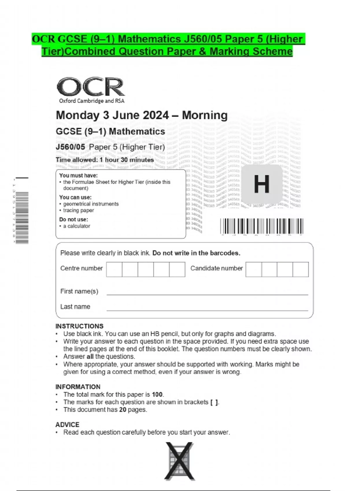 2024 OCR GCSE (9–1) Mathematics J560/05 Paper 5 (Higher Tier)Combined ...