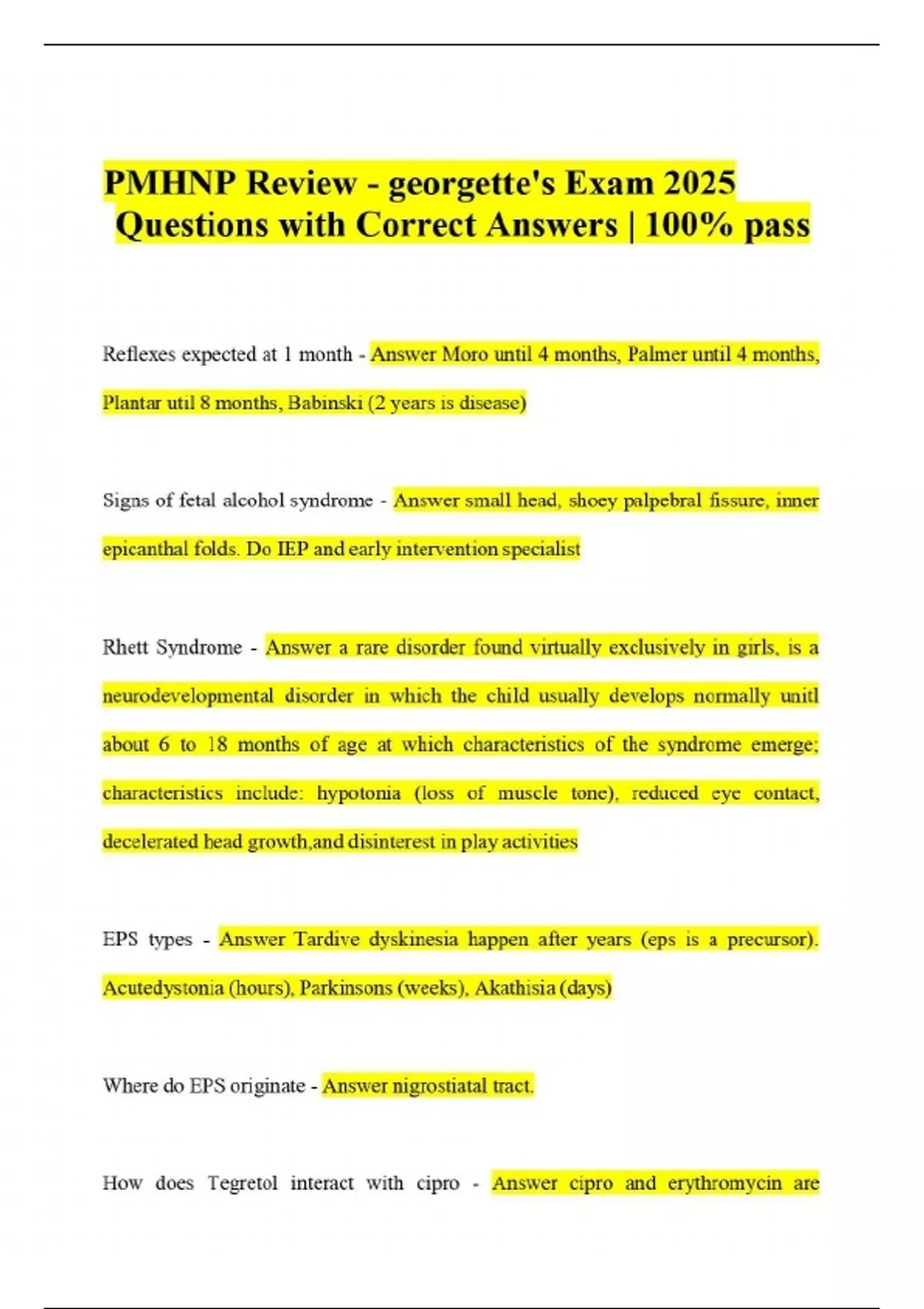 PMHNP Review - georgette's Exam 2025 Questions with Correct Answers ...