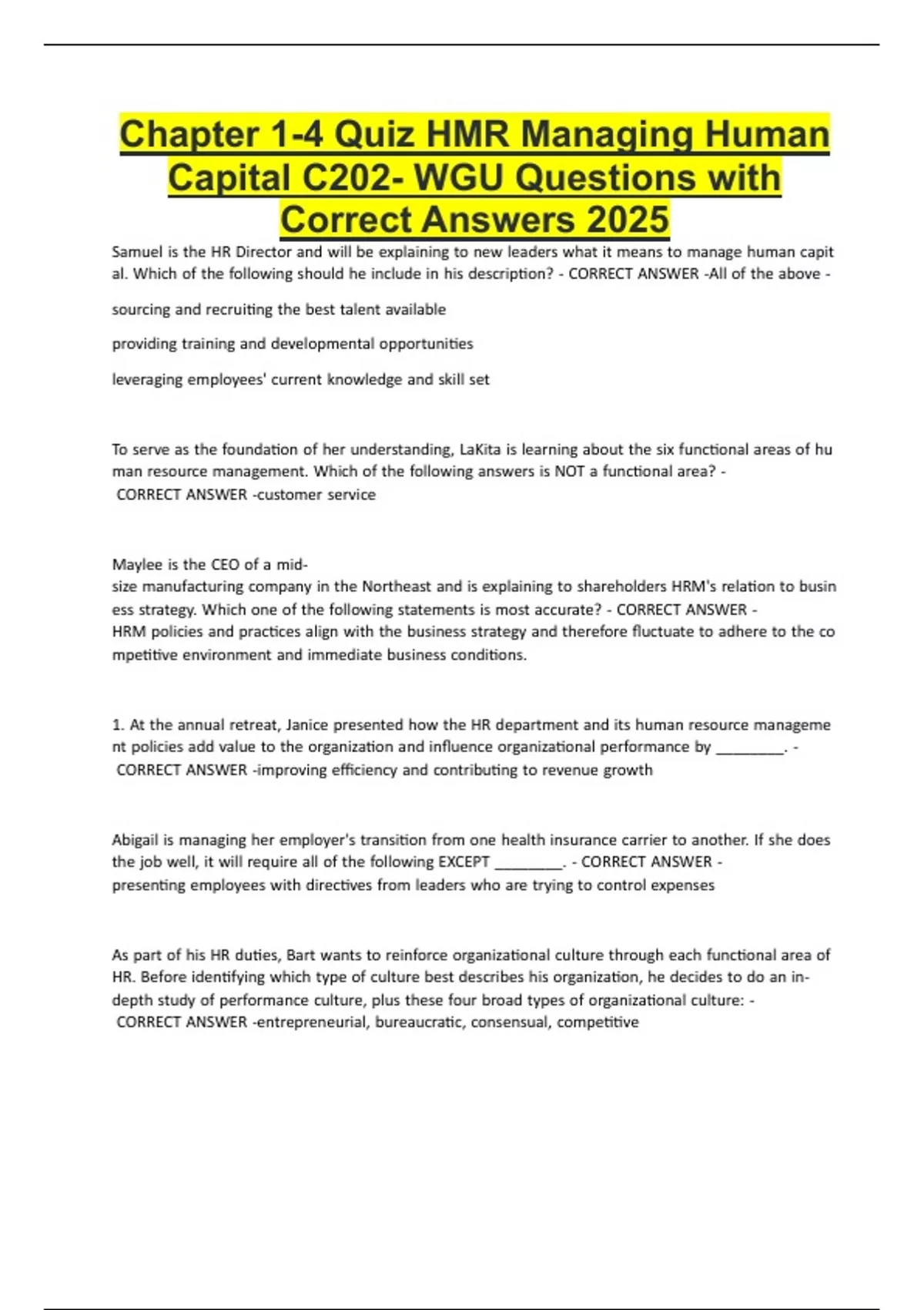 Chapter 1-4 Quiz HMR Managing Human Capital C202- WGU Questions with Correct Answers 2025 - C202 ...