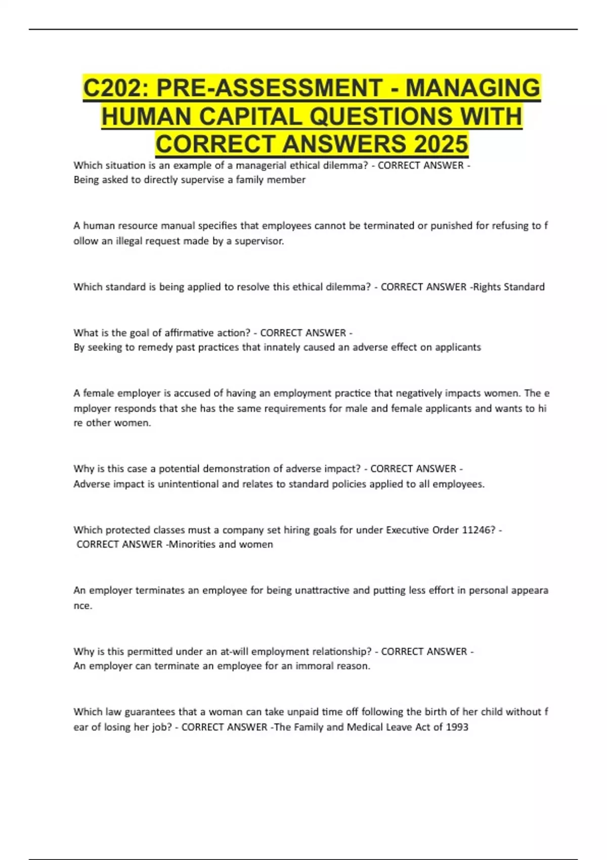 C202 PRE-ASSESSMENT - MANAGING HUMAN CAPITAL QUESTIONS WITH CORRECT ANSWERS 2025 - C202 Managing ...
