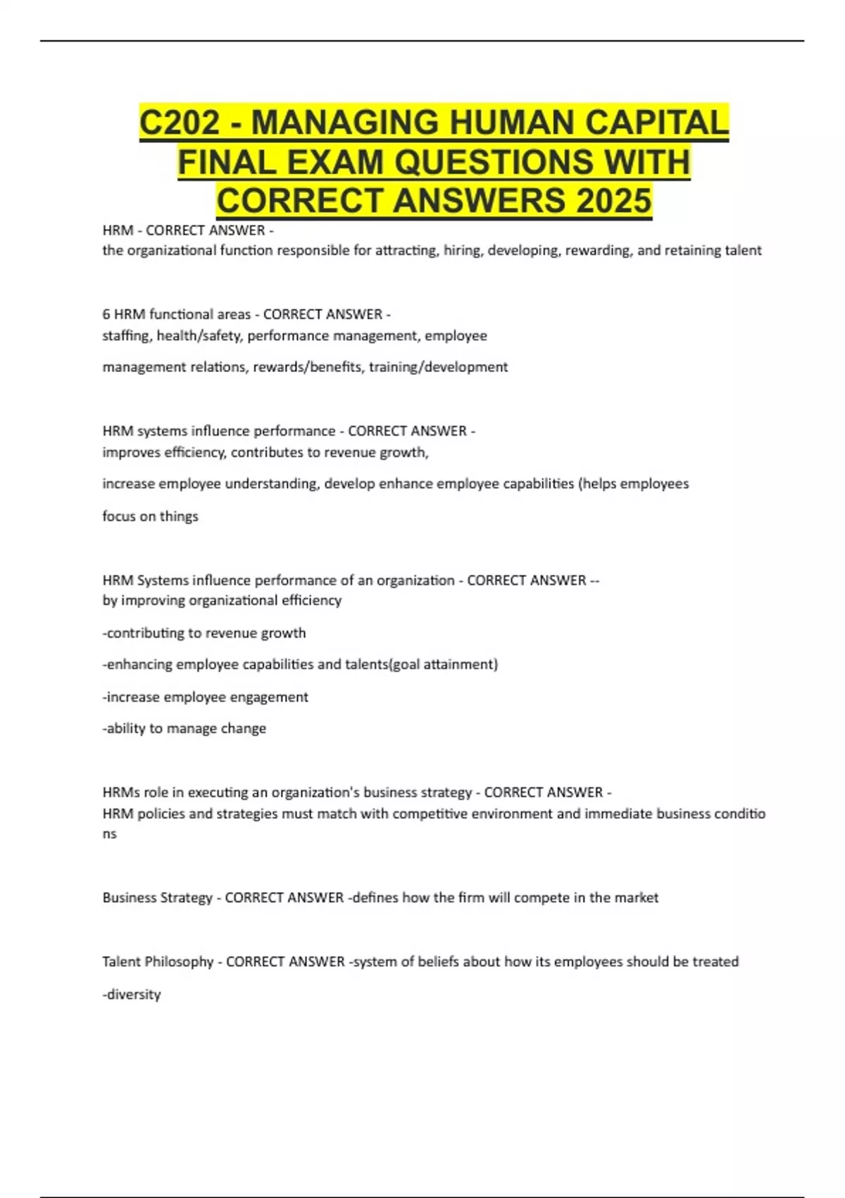 C202 - MANAGING HUMAN CAPITAL FINAL EXAM QUESTIONS WITH CORRECT ANSWERS 2025 - C202 Managing ...