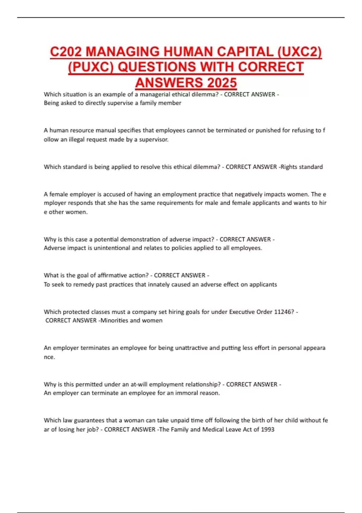 C202 MANAGING HUMAN CAPITAL (UXC2) (PUXC) QUESTIONS WITH CORRECT ANSWERS 2025 - C202 Managing ...