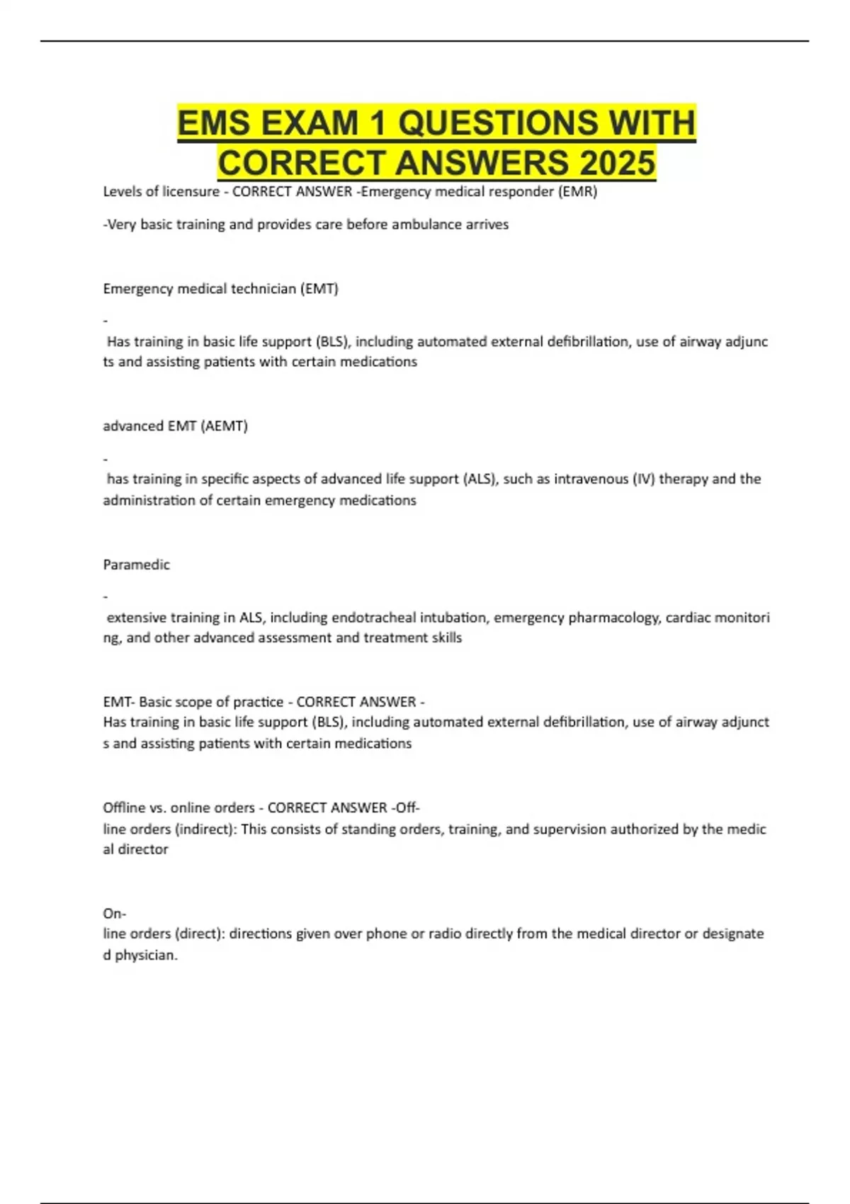 EMS EXAM 1 QUESTIONS WITH CORRECT ANSWERS 2025 - EMS Instructor ...