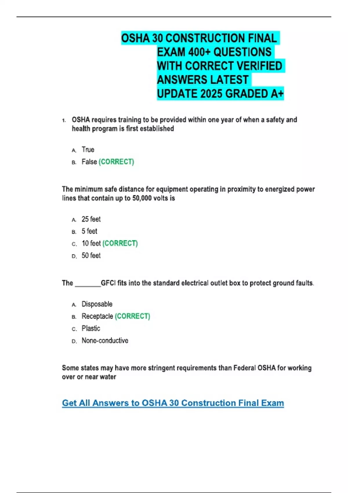 OSHA 30 CONSTRUCTION FINAL EXAM 400+ QUESTIONS WITH CORRECT VERIFIED ...