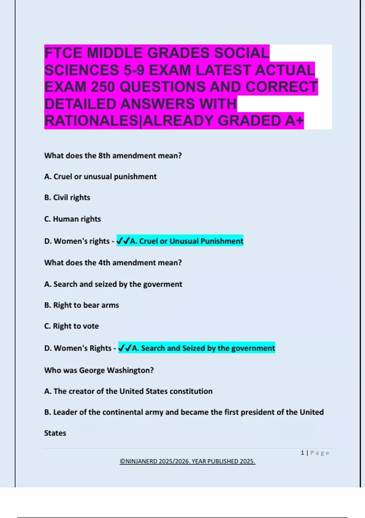 FTCE MIDDLE GRADES SOCIAL SCIENCES 5-9 EXAM LATEST ACTUAL EXAM 250 ...
