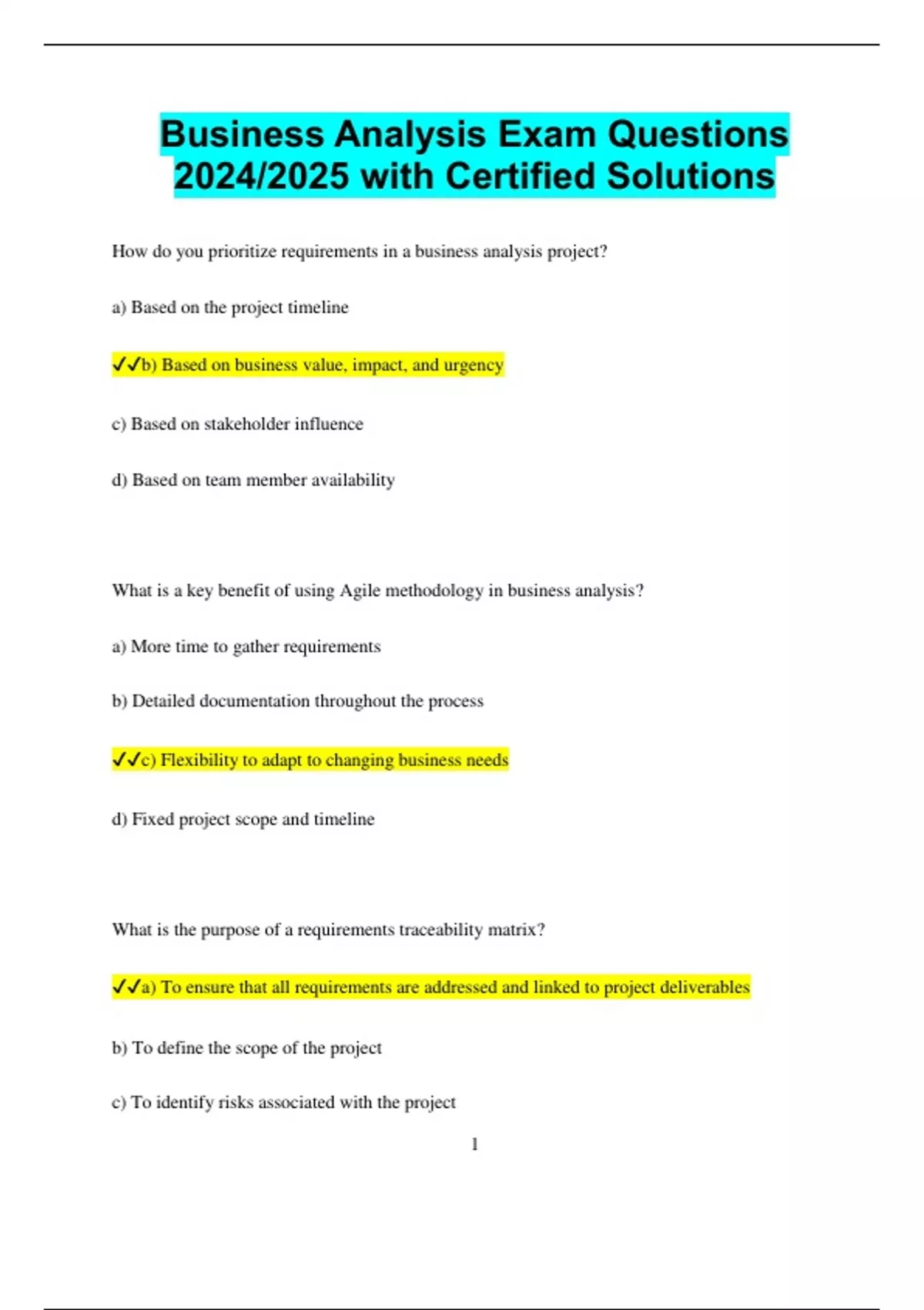 Business Analysis Exam Questions 2024/2025 with Certified Solutions ...