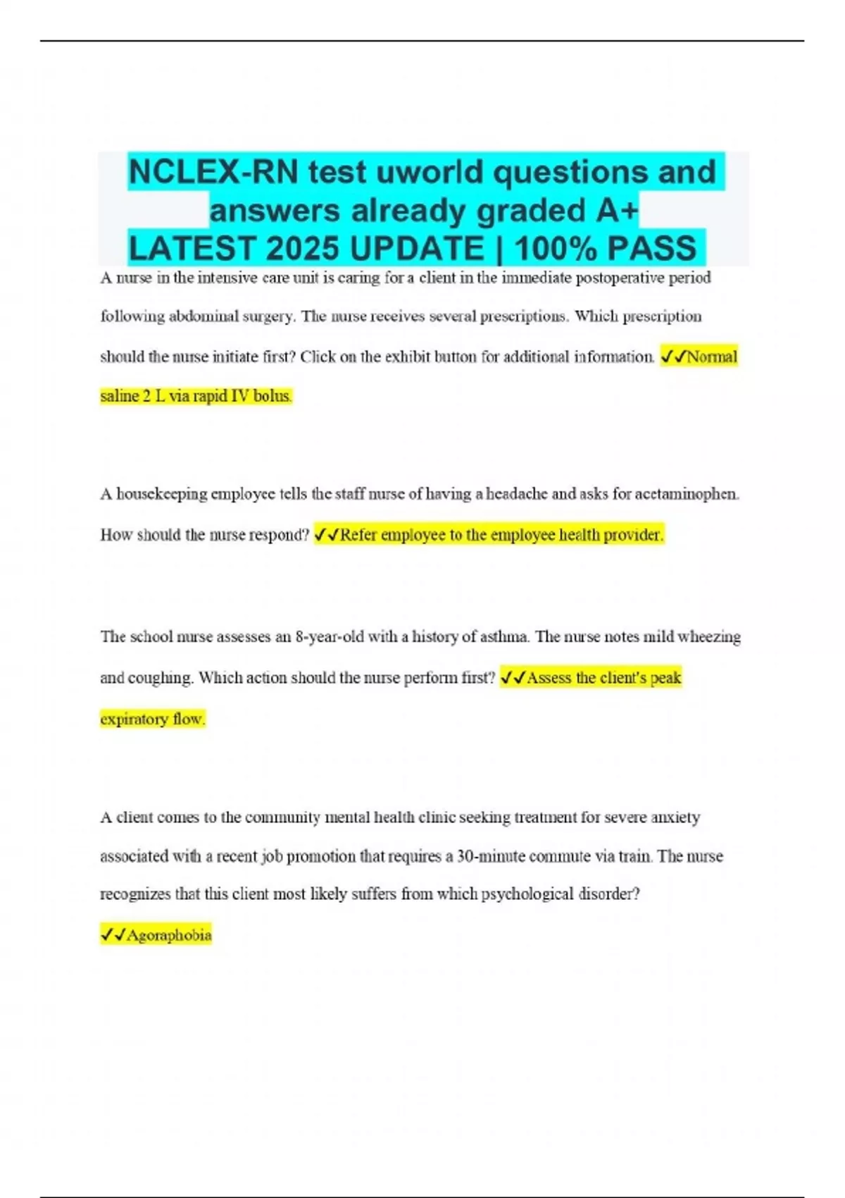 NCLEX-RN test uworld questions and answers already graded A+ LATEST ...