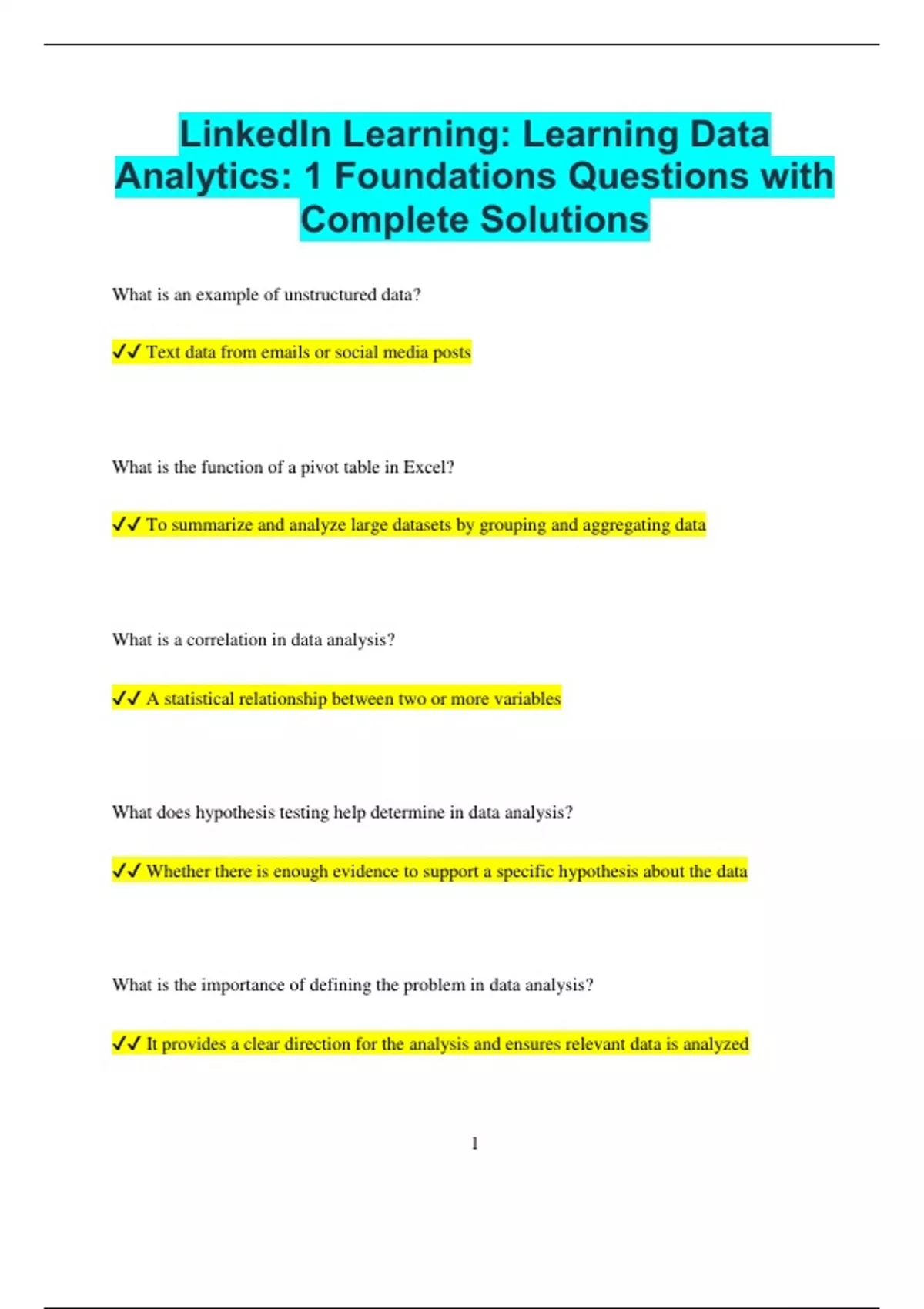 LinkedIn Learning: Learning Data Analytics: 1 Foundations Questions with Complete Solutions ...
