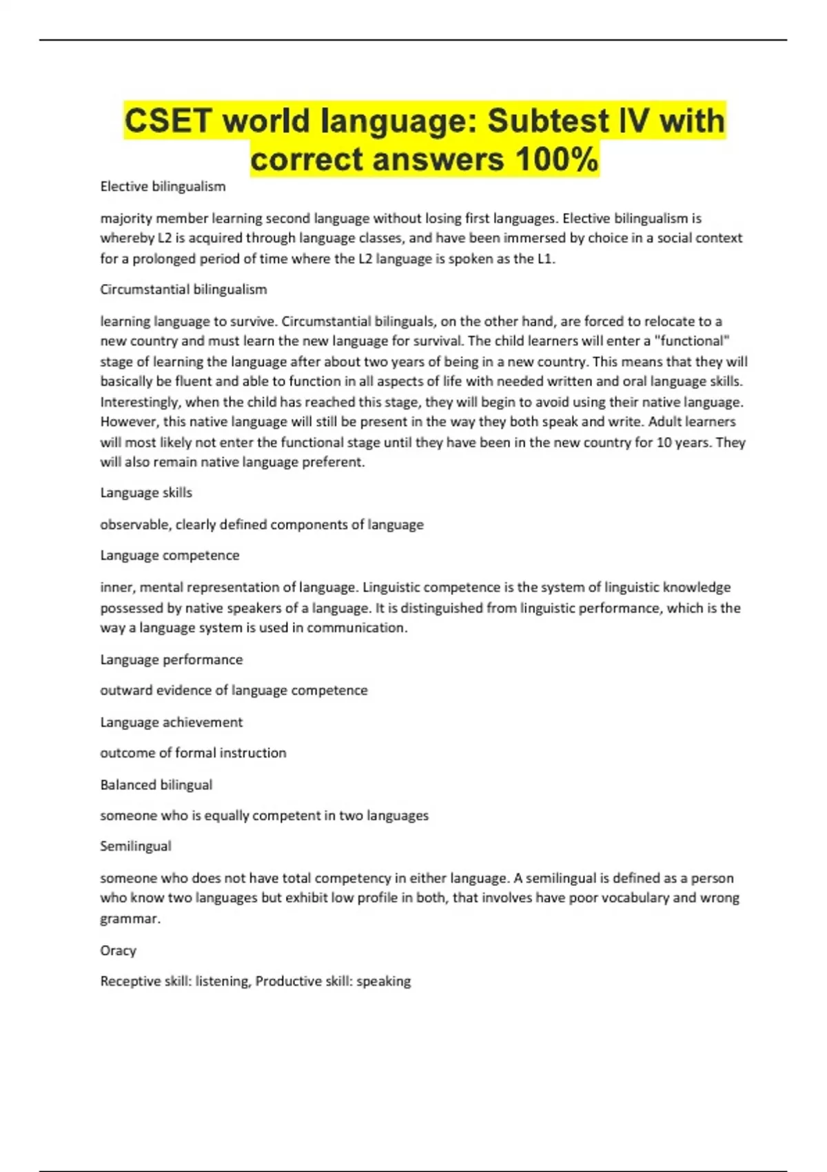 CSET world language: Subtest IV with correct answers 100% - Cset ...