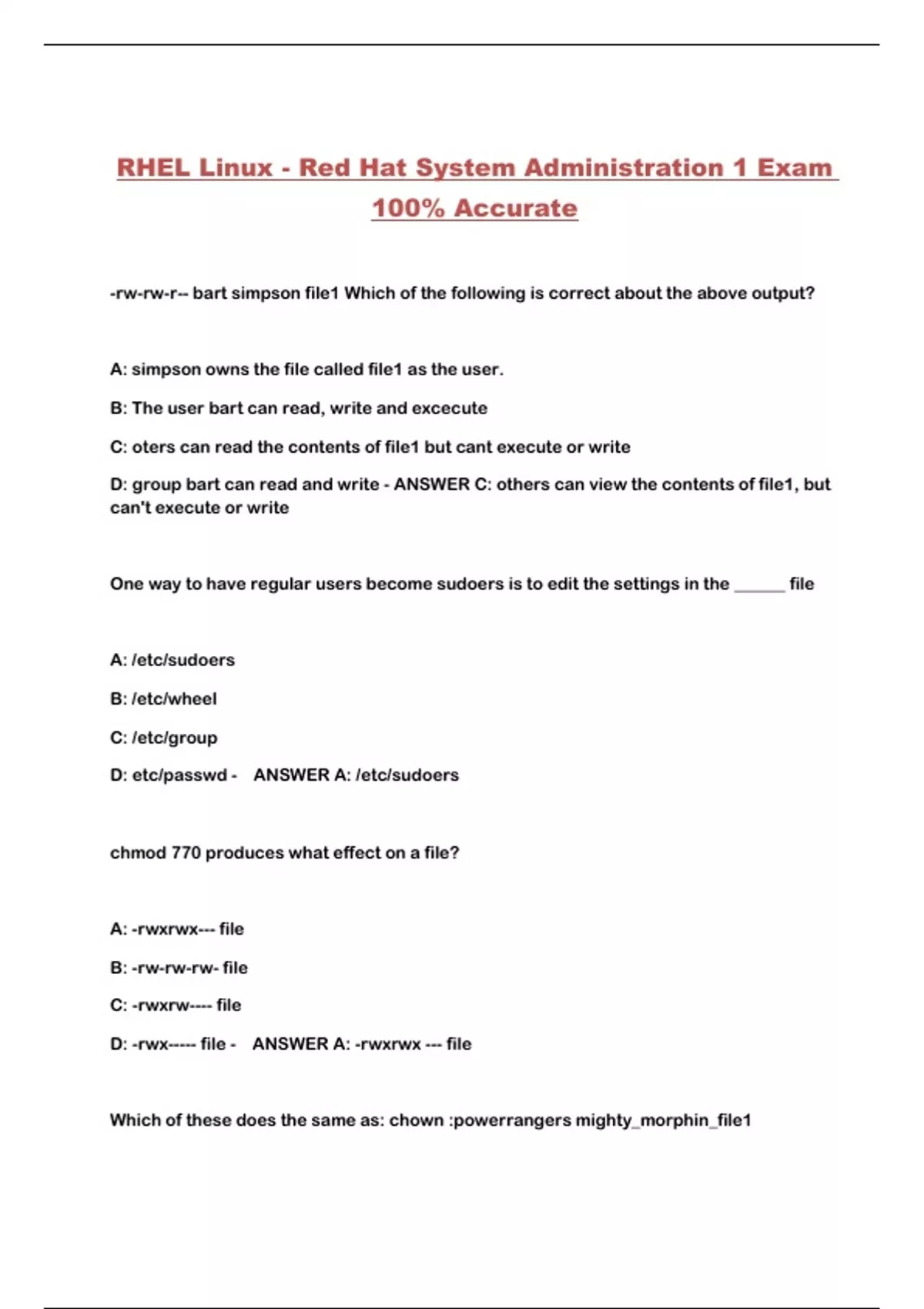 RHEL Linux - Red Hat System Administration 1 Exam 100% Accurate - RHEL ...