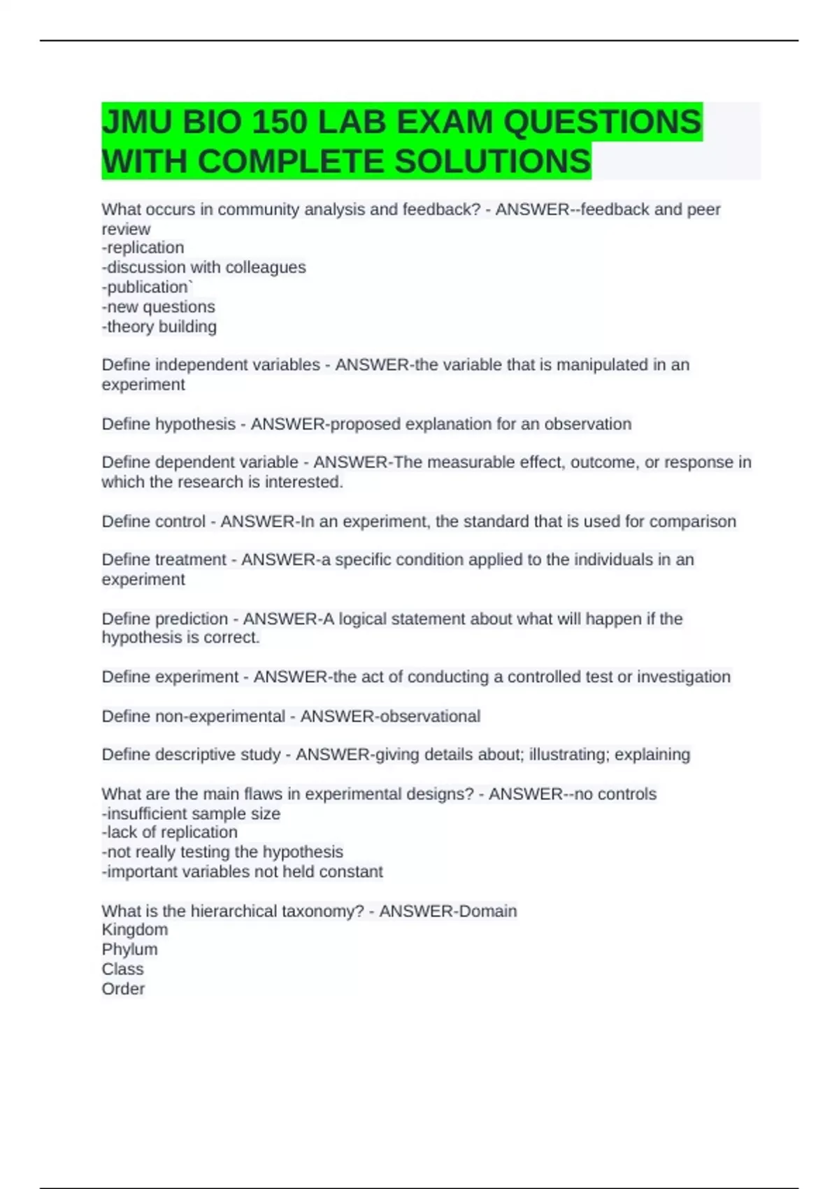 JMU BIO 150 LAB EXAM QUESTIONS WITH COMPLETE SOLUTIONS - DISCOVERY LAB - Stuvia US