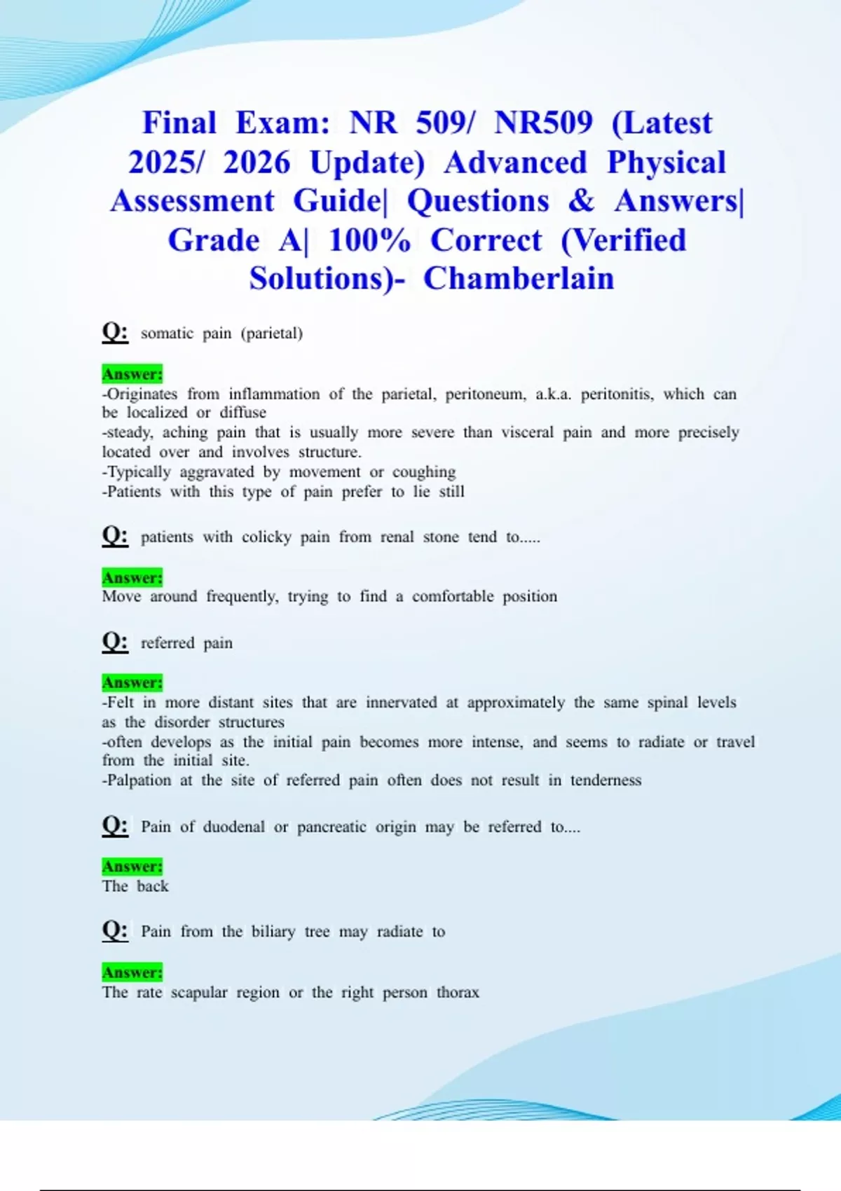 Final Exam: NR 509/ NR509 (Latest 2025/ 2026 Update) Advanced Physical ...