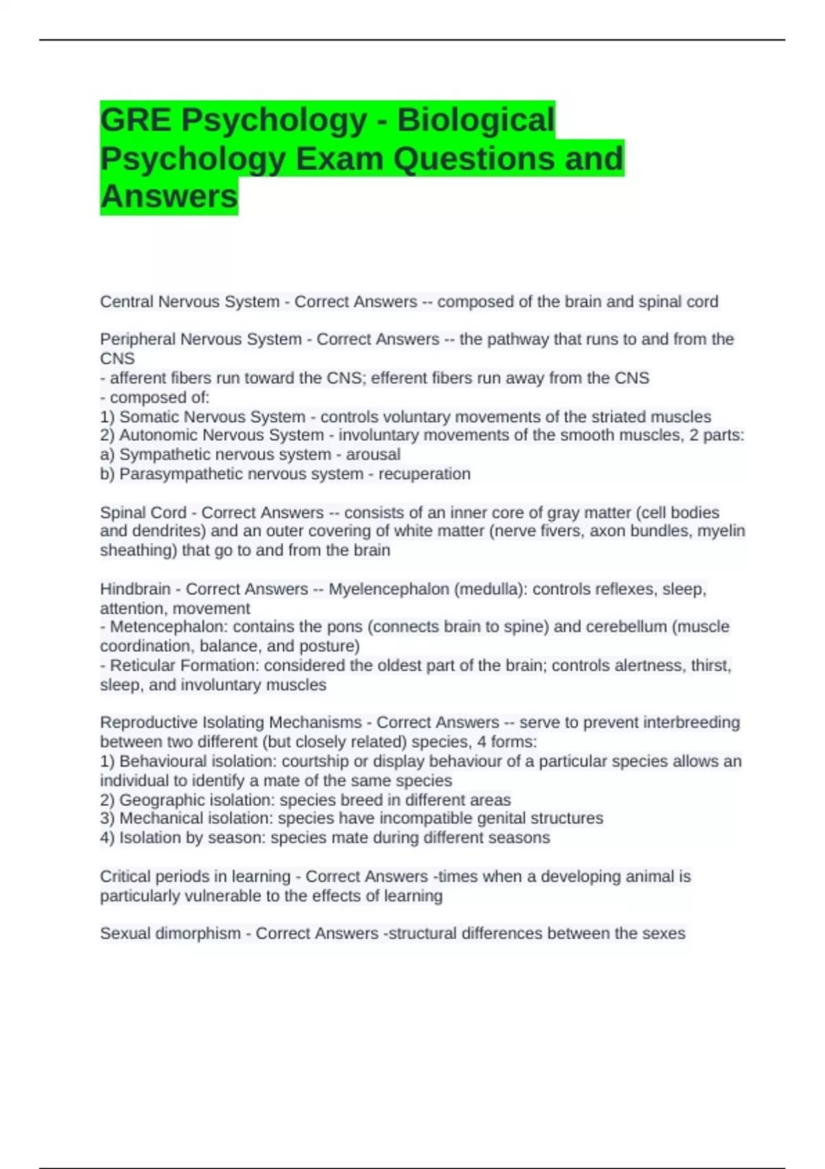 GRE Psychology - Biological Psychology Exam Questions and Answers - GRE ...