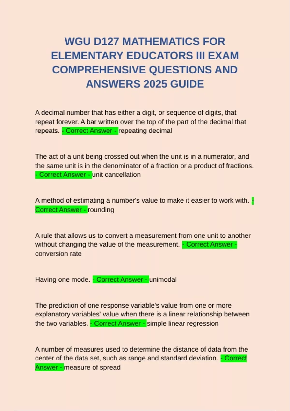 WGU D127 MATHEMATICS FOR ELEMENTARY EDUCATORS III EXAM COMPREHENSIVE ...