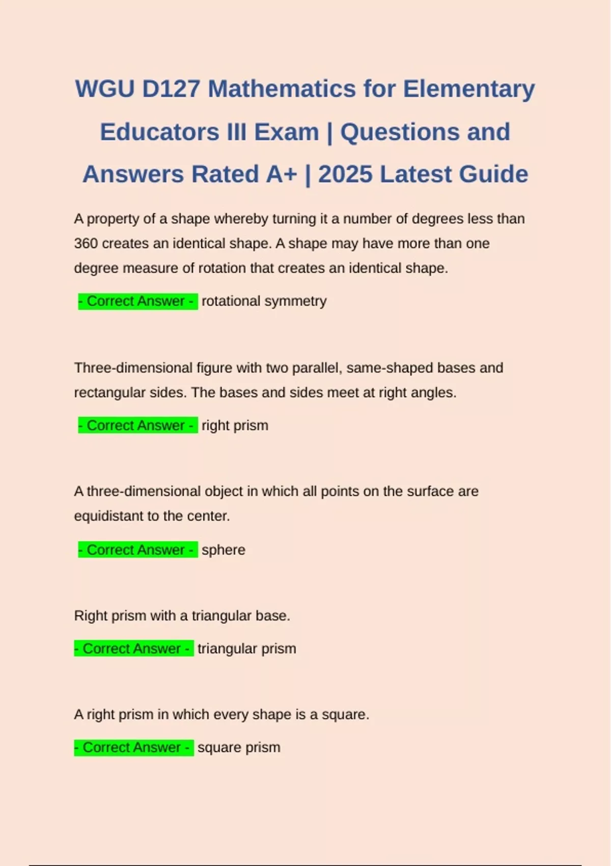 WGU D127 Mathematics for Elementary Educators III Exam | Questions and Answers Rated A+ | 2025 ...