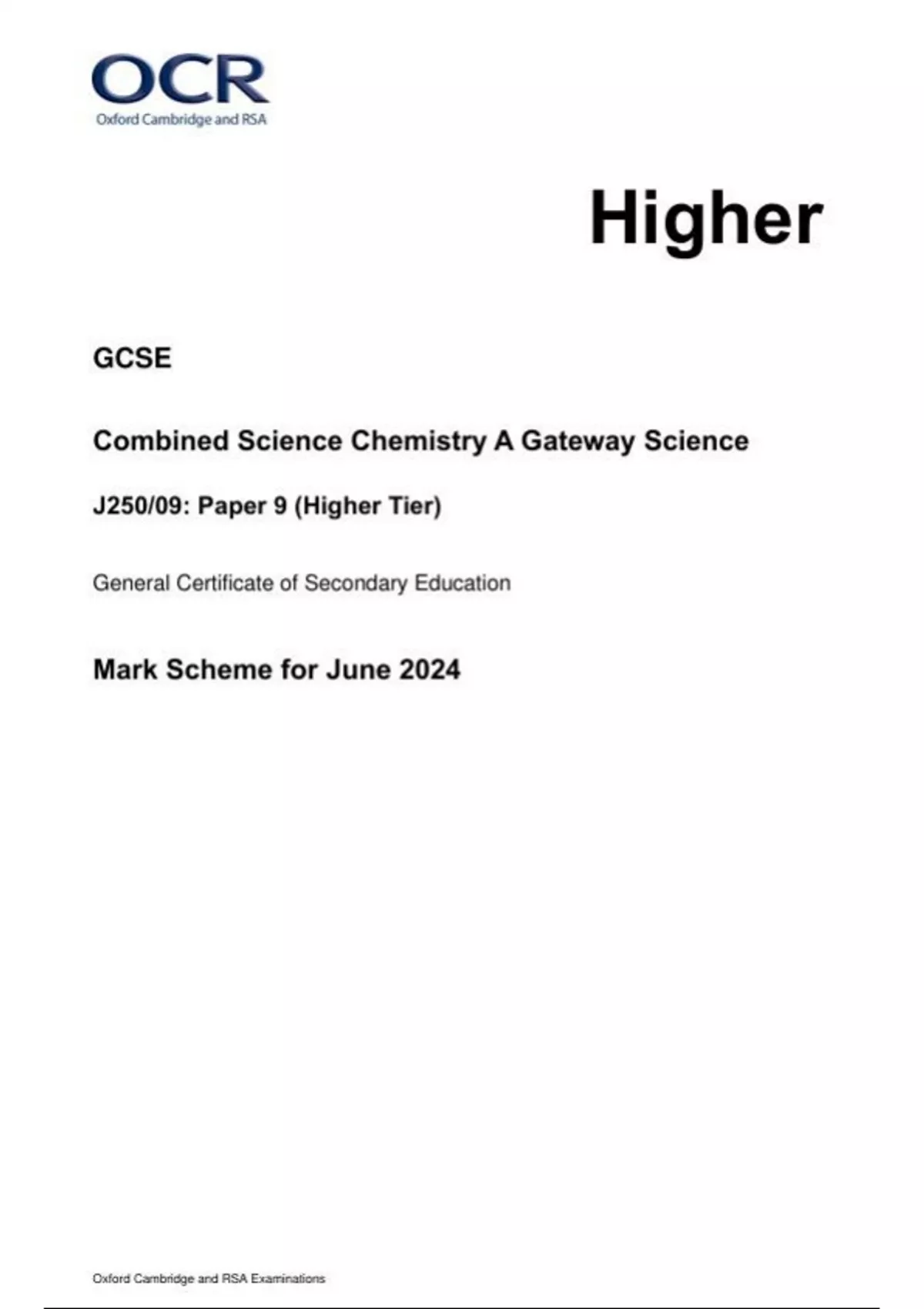 Ocr Gcse Combined Science Chemistry A Gateway Science J250 09 Paper 9 Higher Tier General