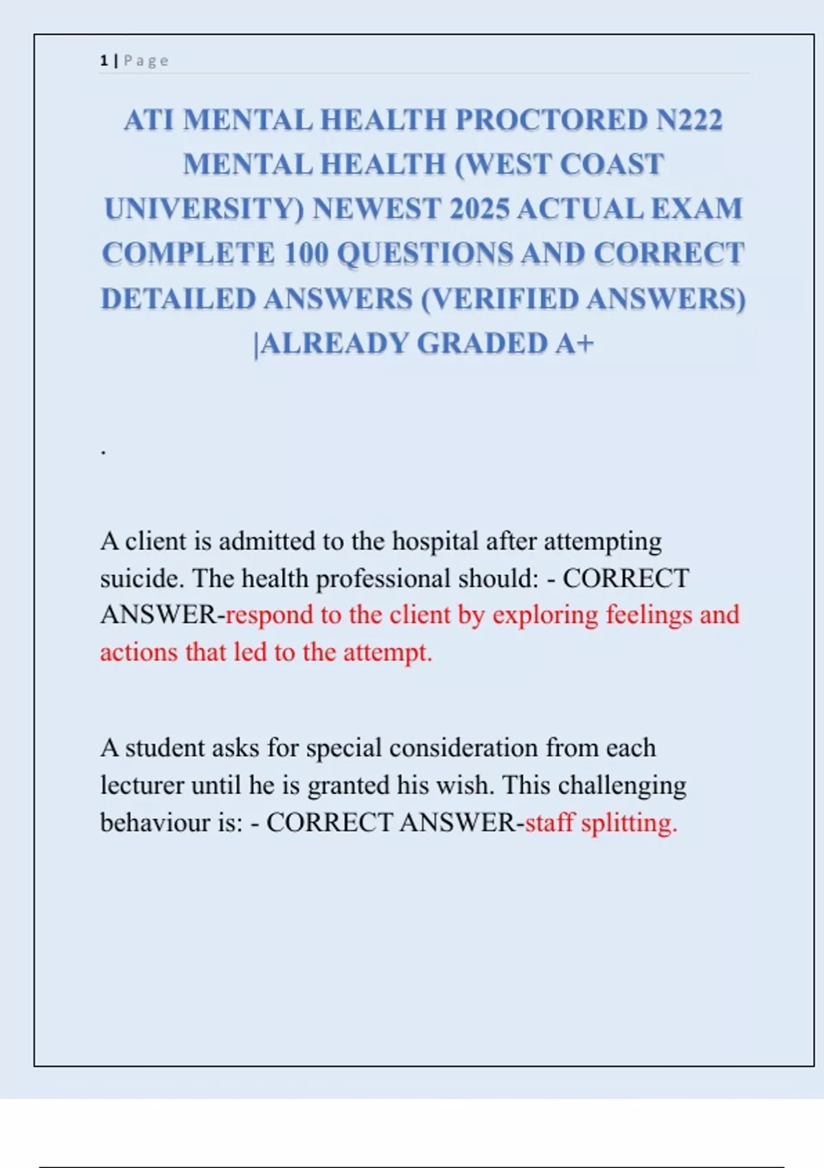 ATI MENTAL HEALTH PROCTORED N222 MENTAL HEALTH (WEST COAST UNIVERSITY ...