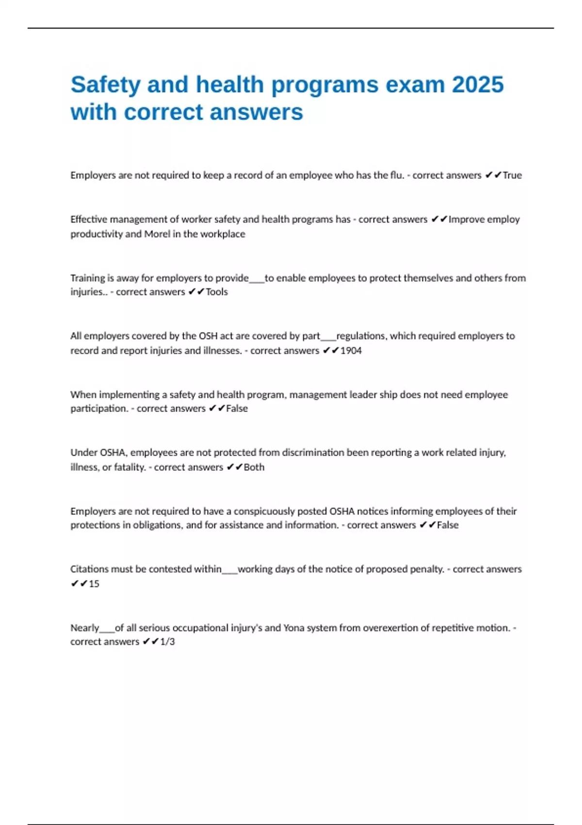 Safety and health programs exam 2025 with correct answers - Safety and ...