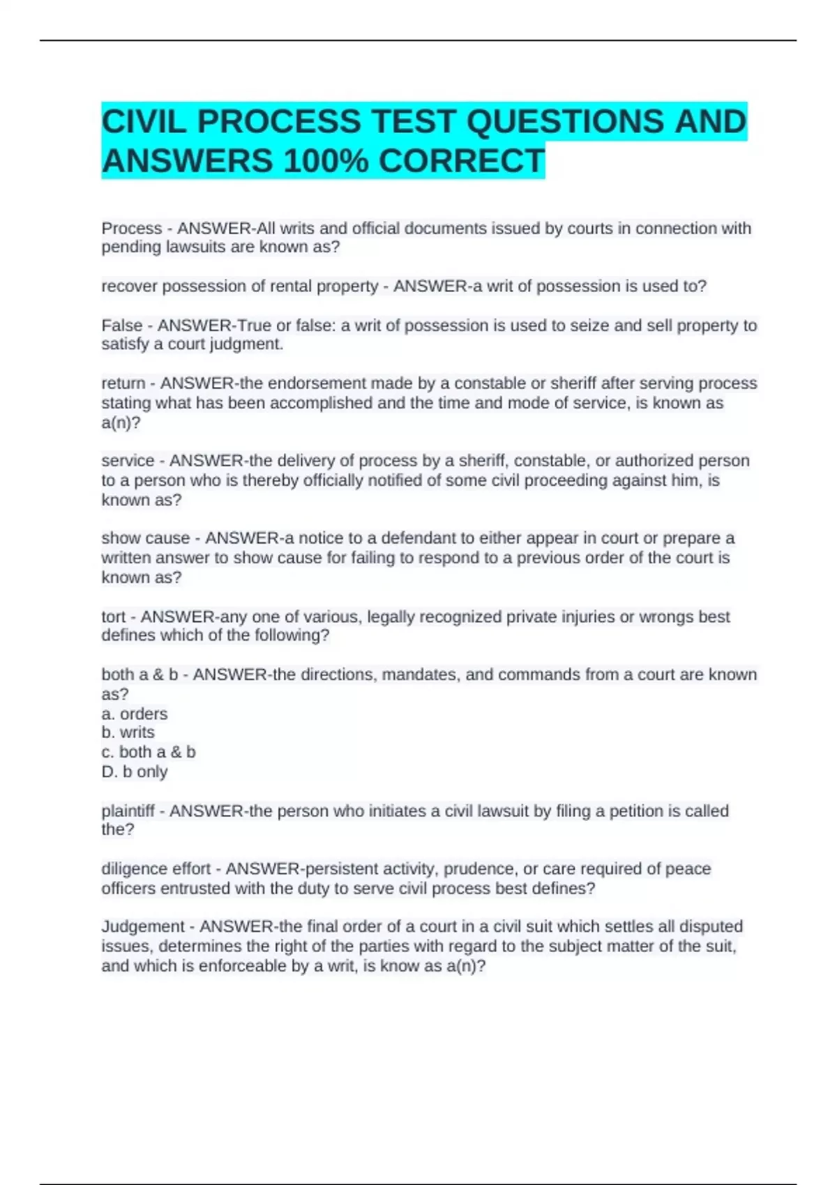CIVIL PROCESS TEST QUESTIONS AND ANSWERS 100% CORRECT - CIVIL PROCESS ...