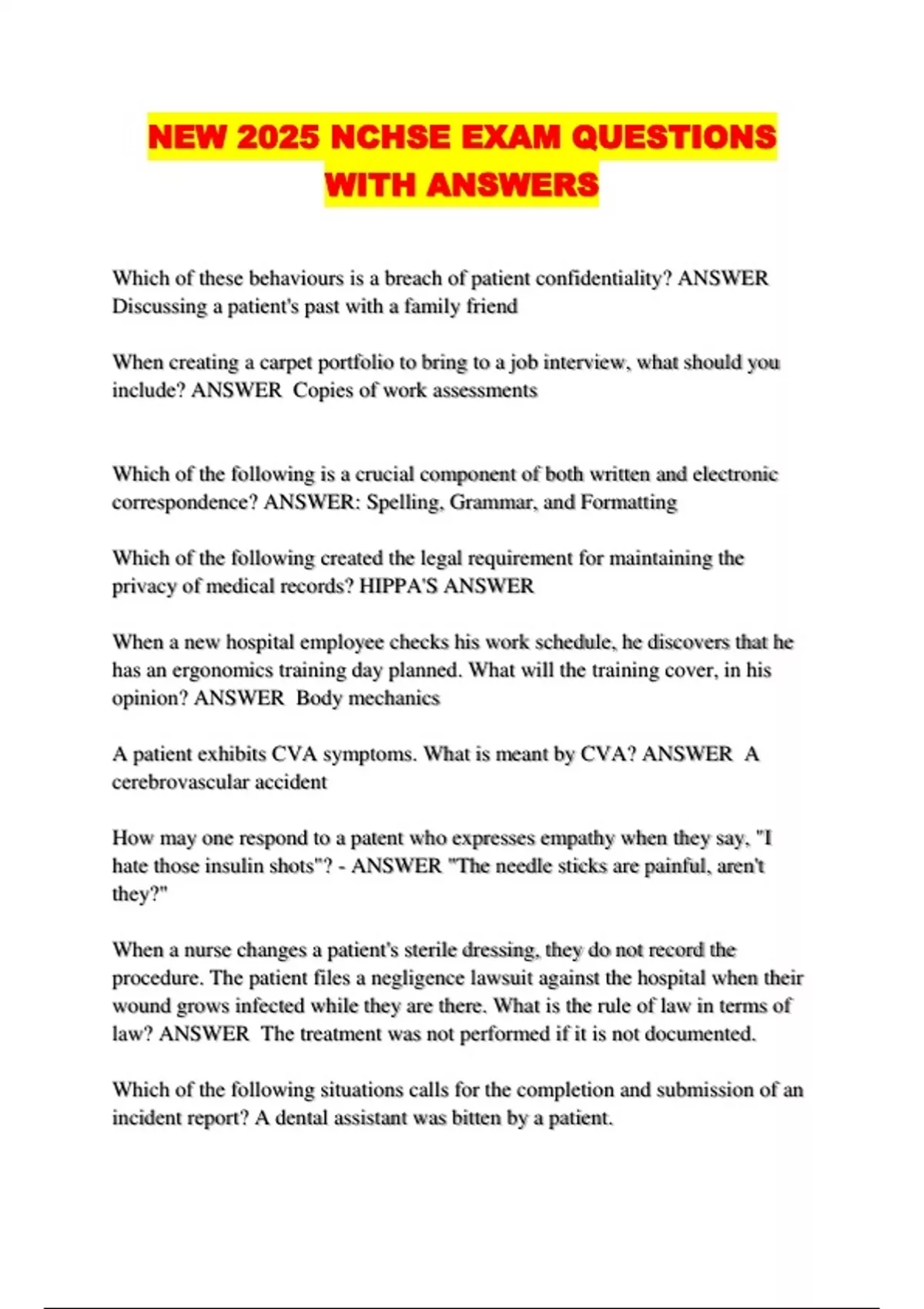 NEW 2025 NCHSE EXAM QUESTIONS WITH ANSWERS - NCHSE - Stuvia US