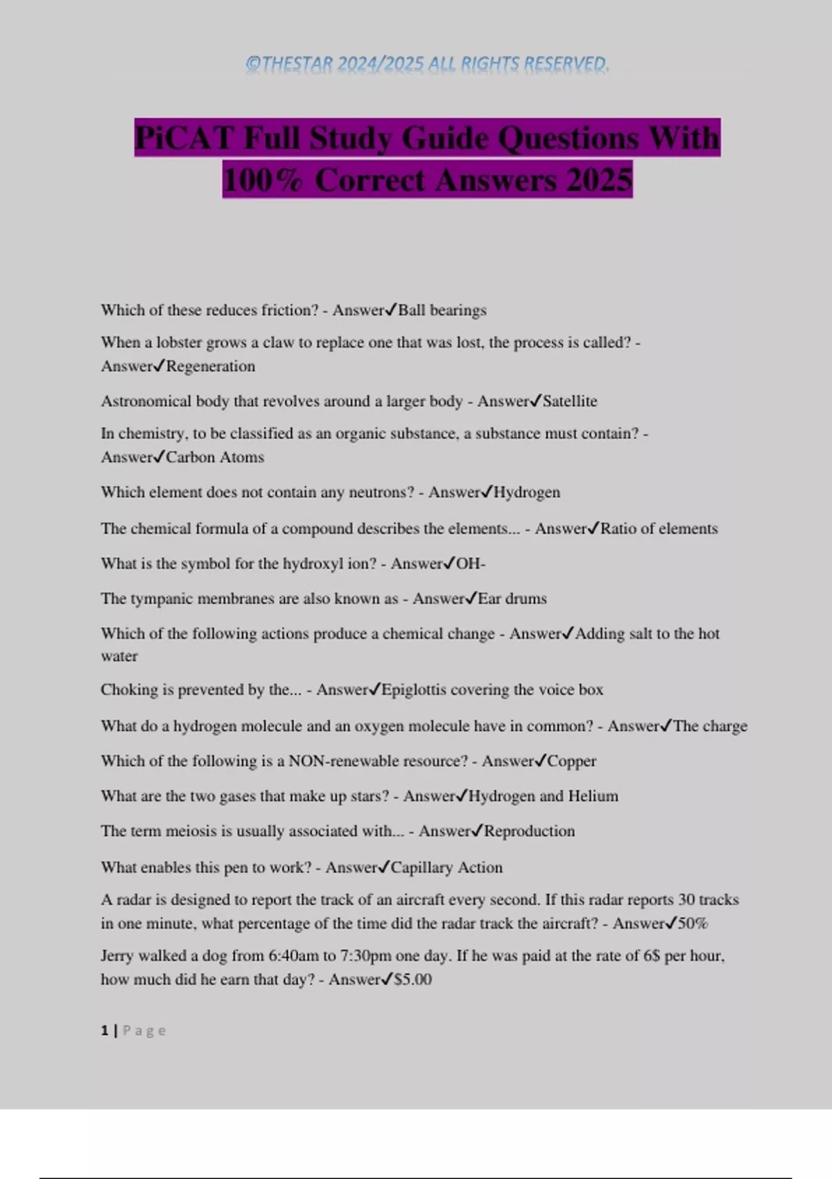 PiCAT Full Study Guide Questions With 100% Correct Answers 2025 - PICAT ...