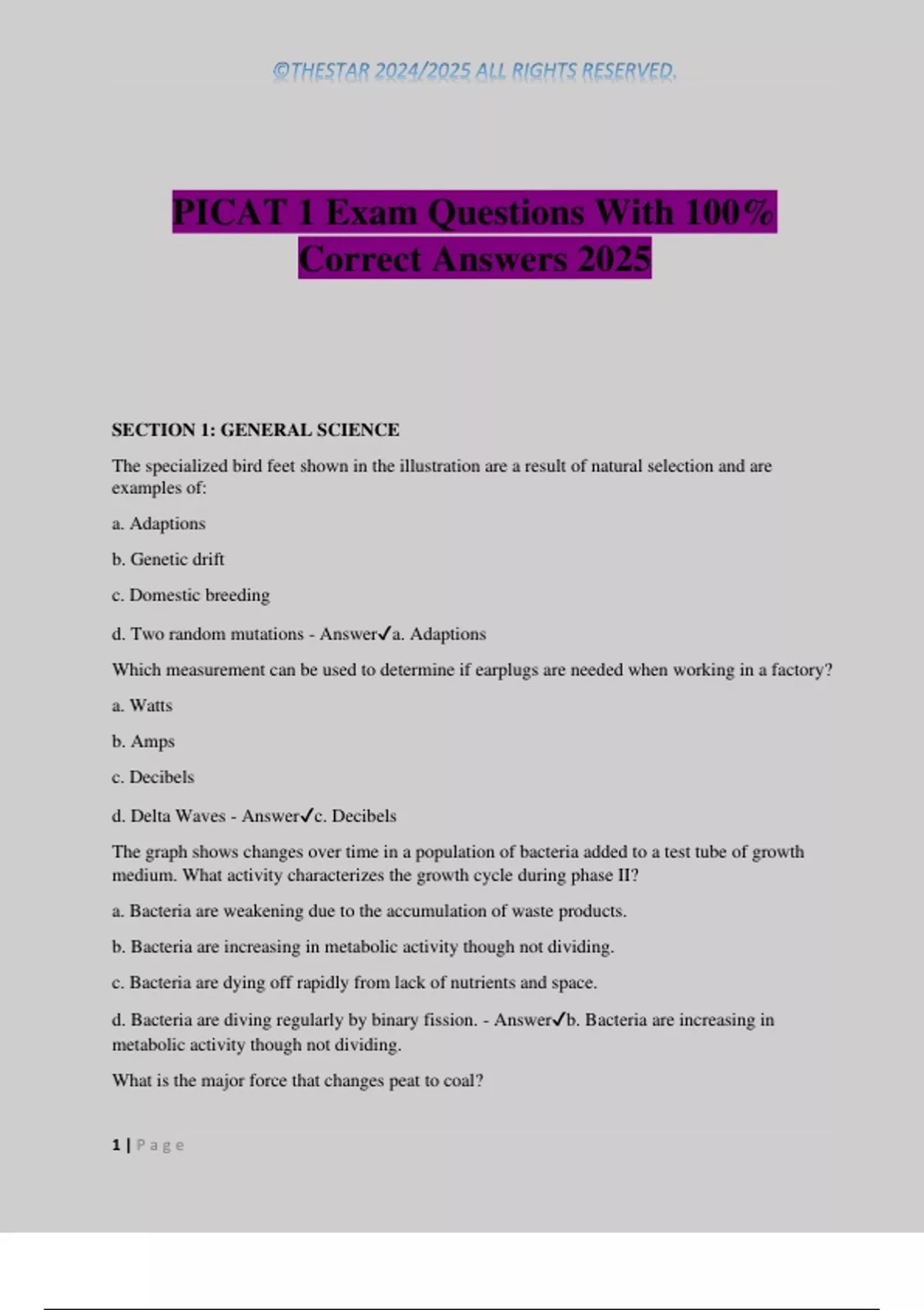 PICAT 1 Exam Questions With 100% Correct Answers 2025 - PICAT - Stuvia US