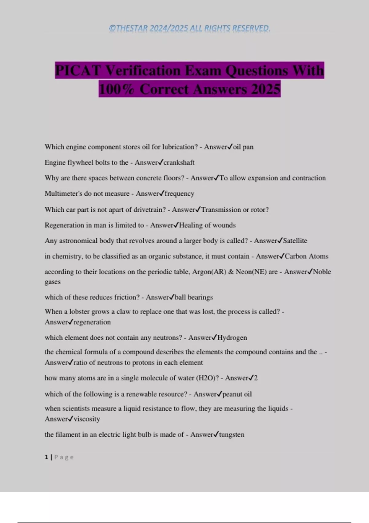 PICAT Verification Exam Questions With 100% Correct Answers 2025 - PICAT - Stuvia US