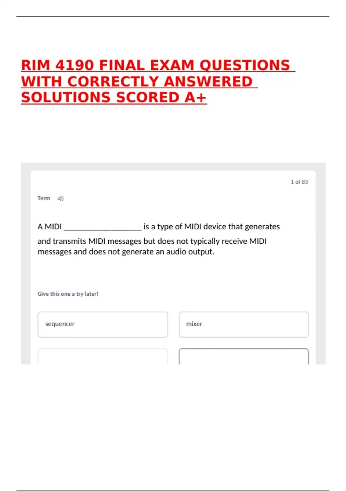 RIM 4190 FINAL EXAM QUESTIONS WITH CORRECTLY ANSWERED SOLUTIONS SCORED ...