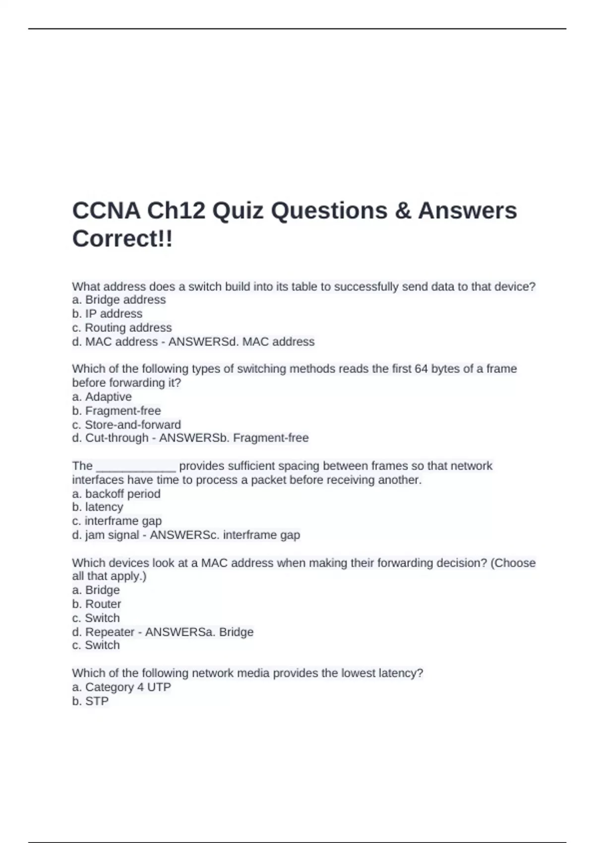 CCNA Ch12 Quiz Questions & Answers Correct!! - CCNA Ch12 - Stuvia US