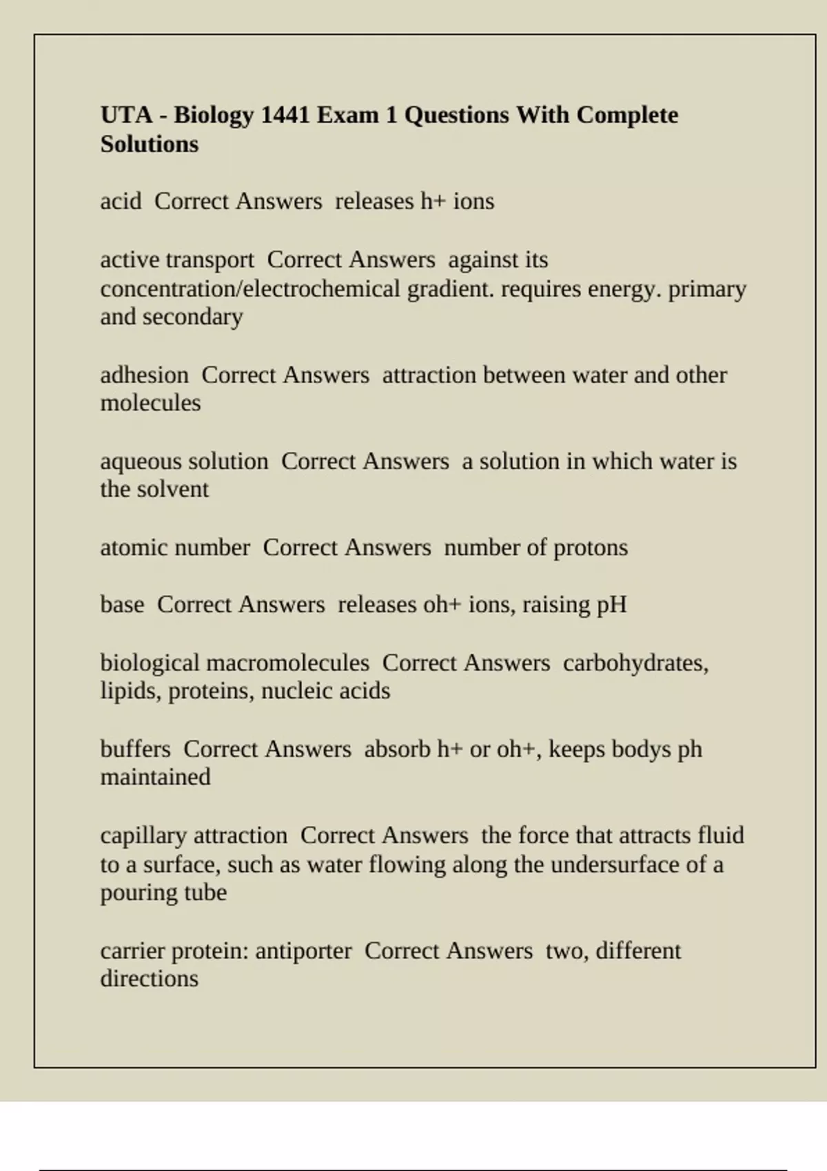 UTA - Biology 1441 Exam 1 Questions With Complete Solutions - BIOL 1441 ...